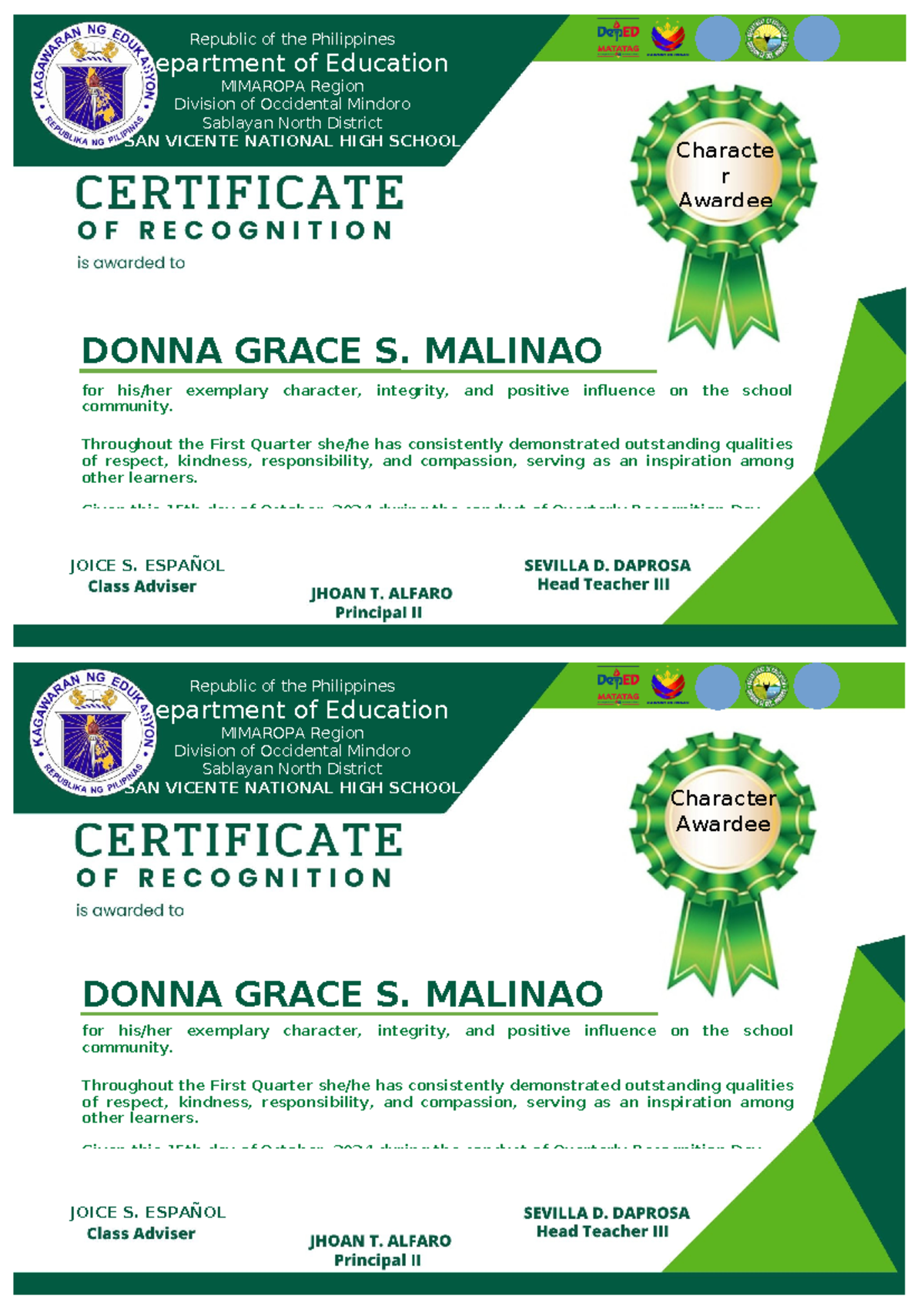 Character-Awardee - Education - Republic of the Philippines Department ...