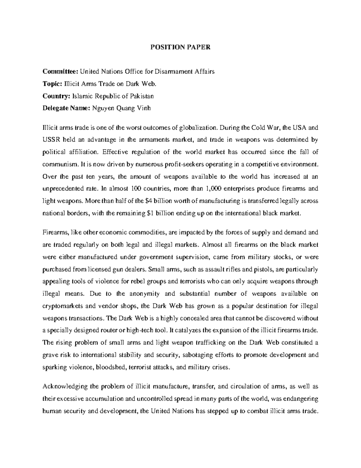 Position Paper - POSITION PAPER Committee: United Nations Office for ...