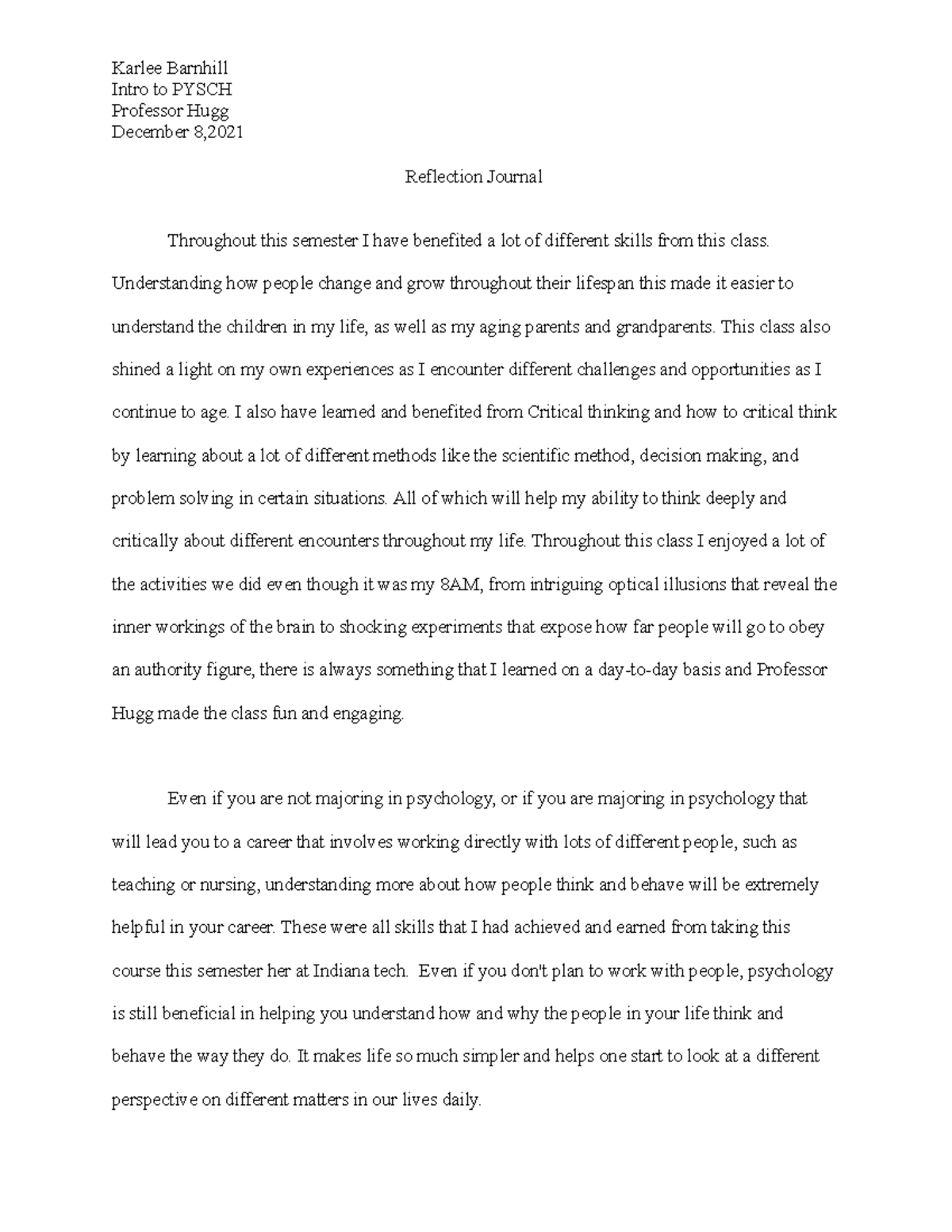 Reflection Journal - assignment - Karlee Barnhill Intro to PYSCH ...