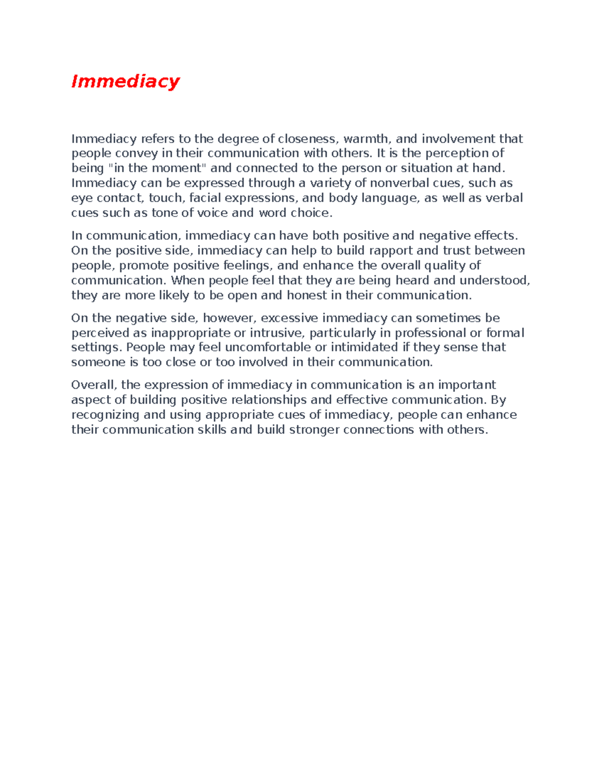Document 87 - essay - Immediacy Immediacy refers to the degree of ...