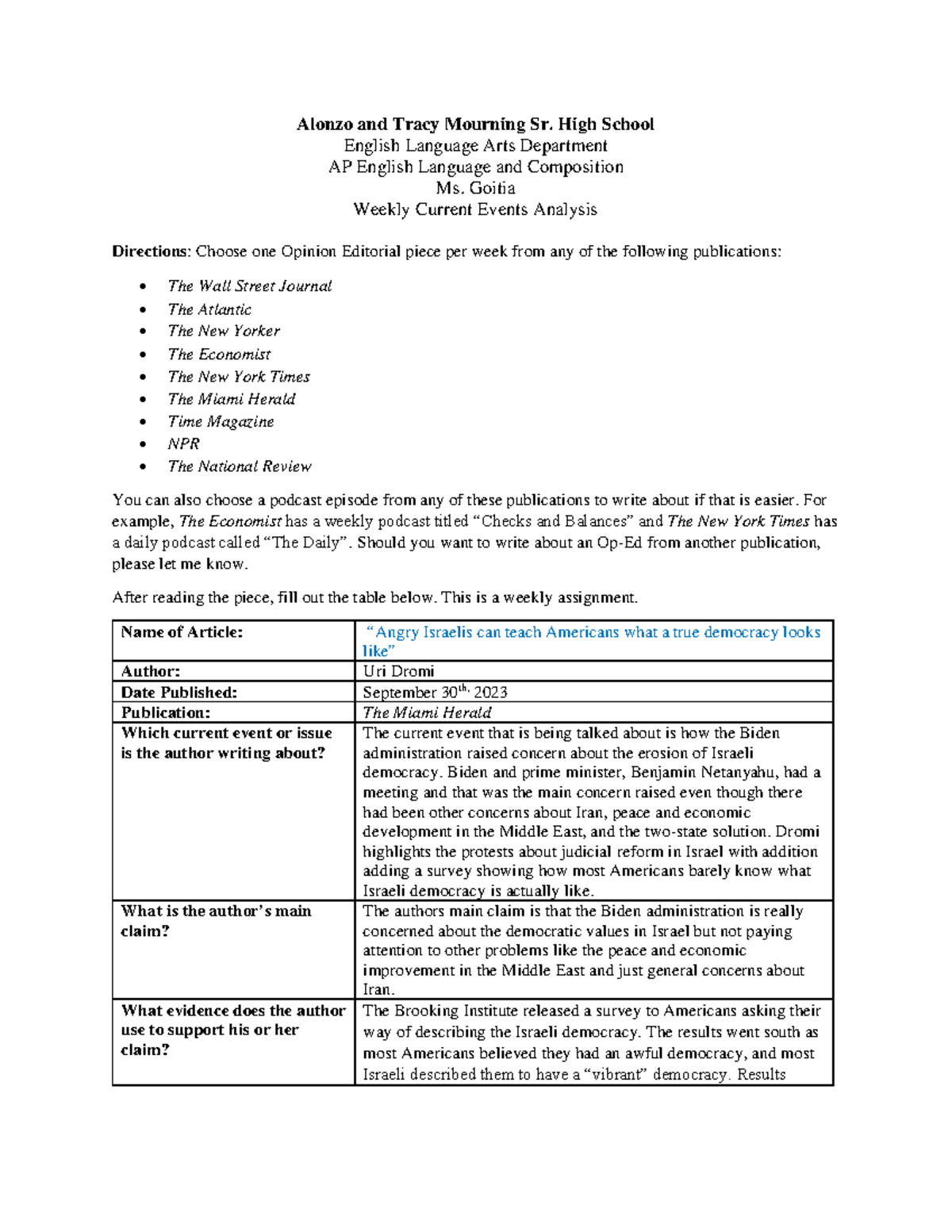 Weekly Current Events HW - Alonzo and Tracy Mourning Sr. High School ...