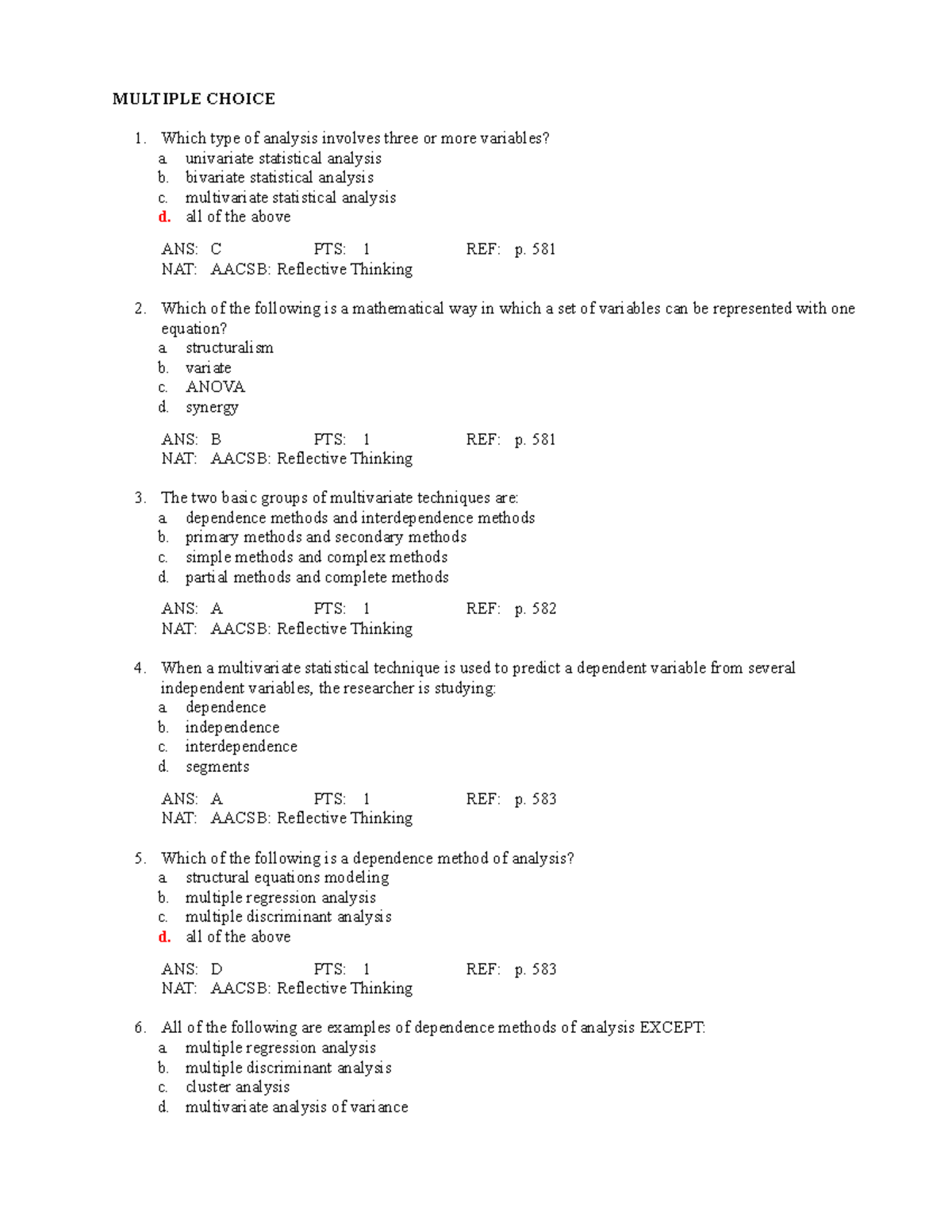 Chapter 24—Multivariate Statistical Analysis-MCQ - MULTIPLE CHOICE ...