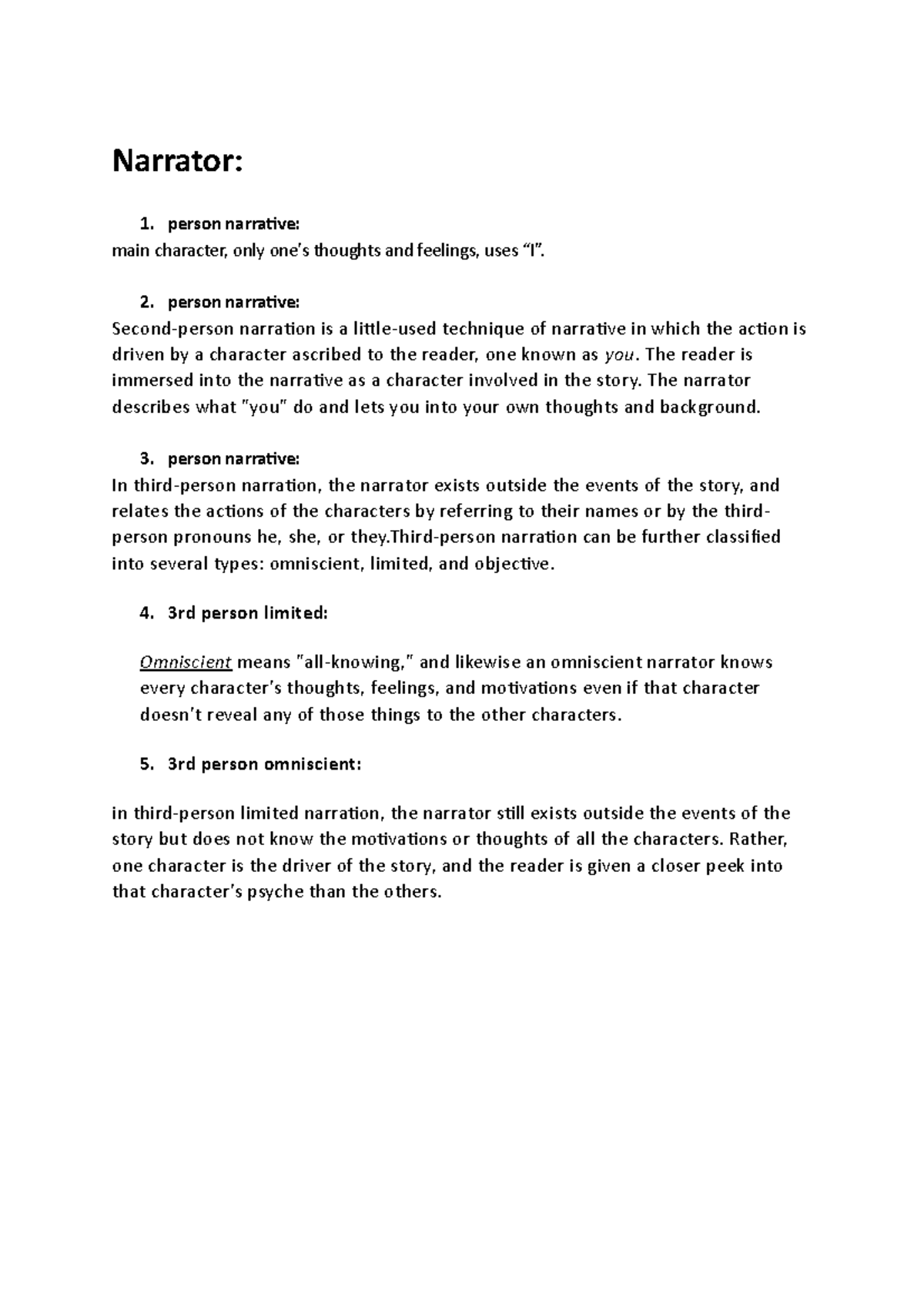 Narrator - Narrator: person narrative: main character, only one’s ...