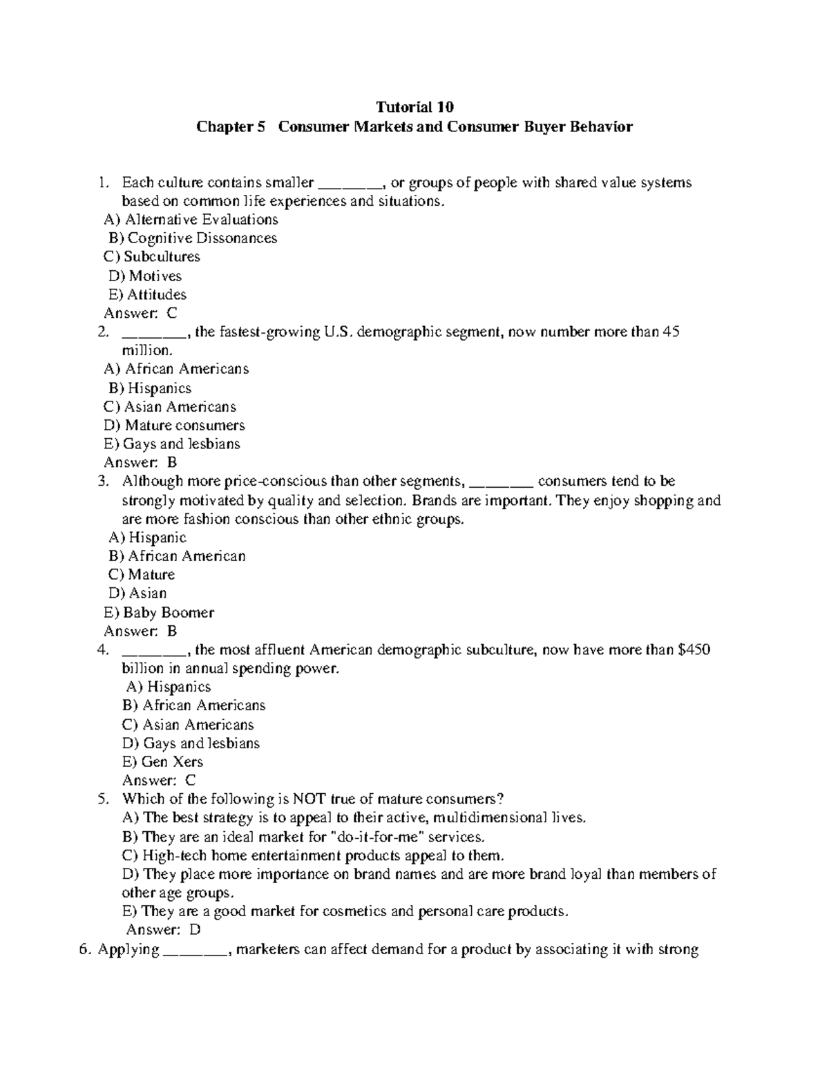 Tutorial 10 with answers - Tutorial 10 Chapter 5 Consumer Markets and ...