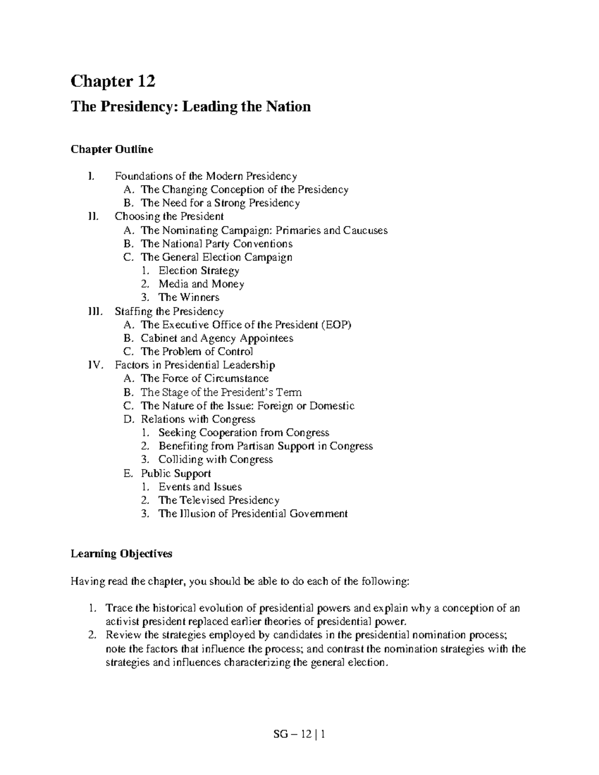 Chapter 12 - Presidents leading the nation - Chapter 12 The Presidency ...