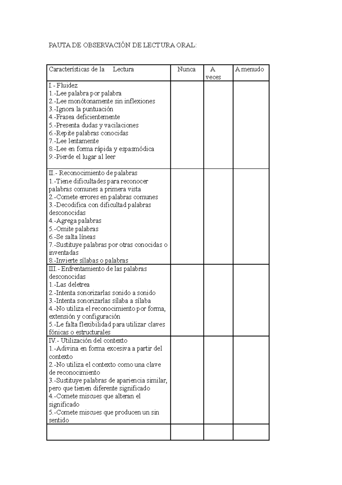 Pauta DE Observación DE Lectura ORAL - PAUTA DE OBSERVACIÓN DE LECTURA ORAL: Características de ...