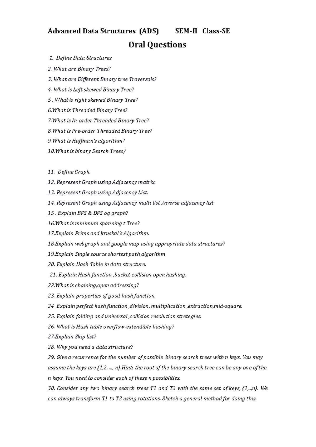 Oralquestions - Advanced Data Structures (ADS) SEM-II Class-SE Oral Questions Define Data ...