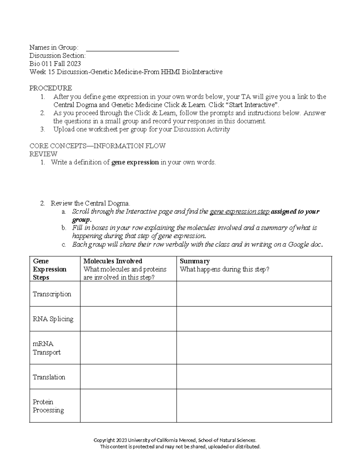 Week 15 Discussion-Genetic Medicine-Student Worksheet - Names in Group
