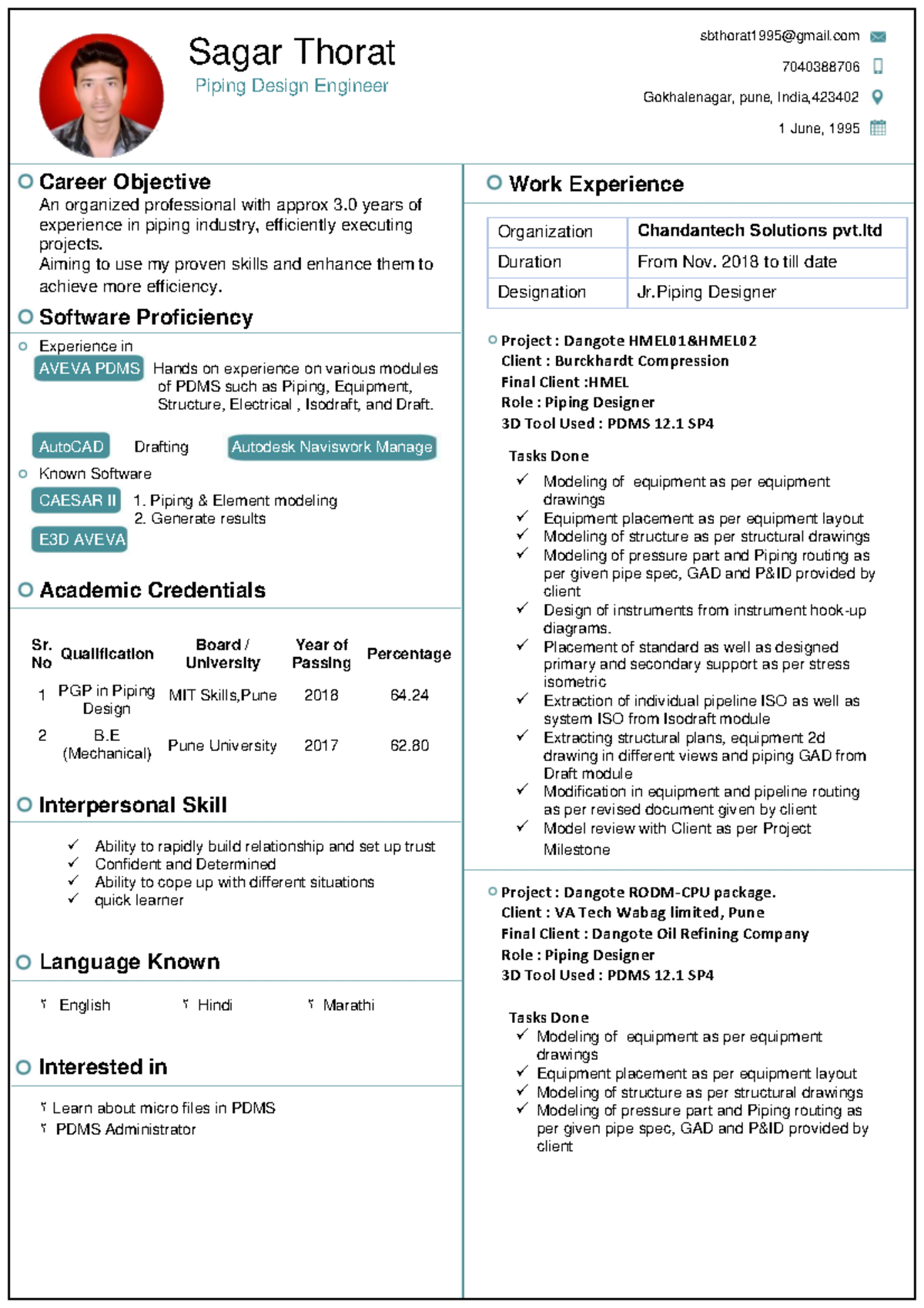CV Sagar Thorat - Sagar Thorat Piping Design Engineer Career Objective ...