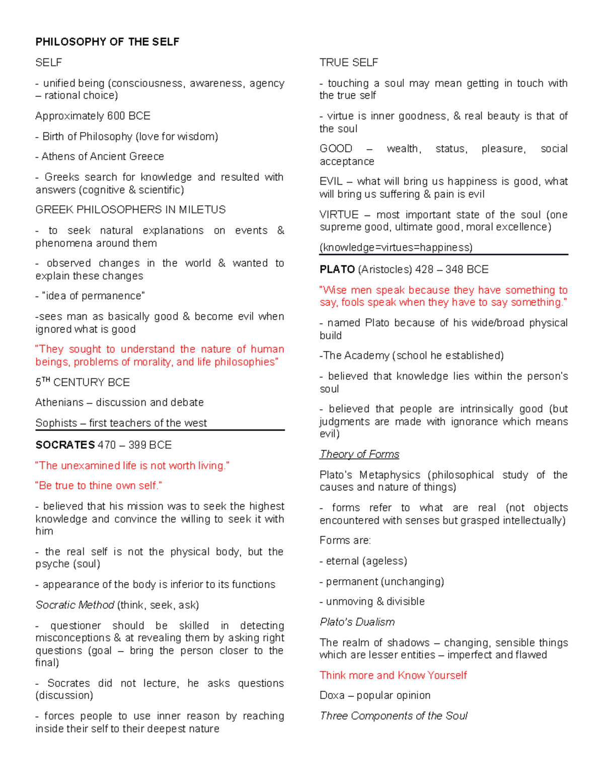 UTS LESSONS ONE TO FIVE - PHILOSOPHY OF THE SELF SELF unified being ...