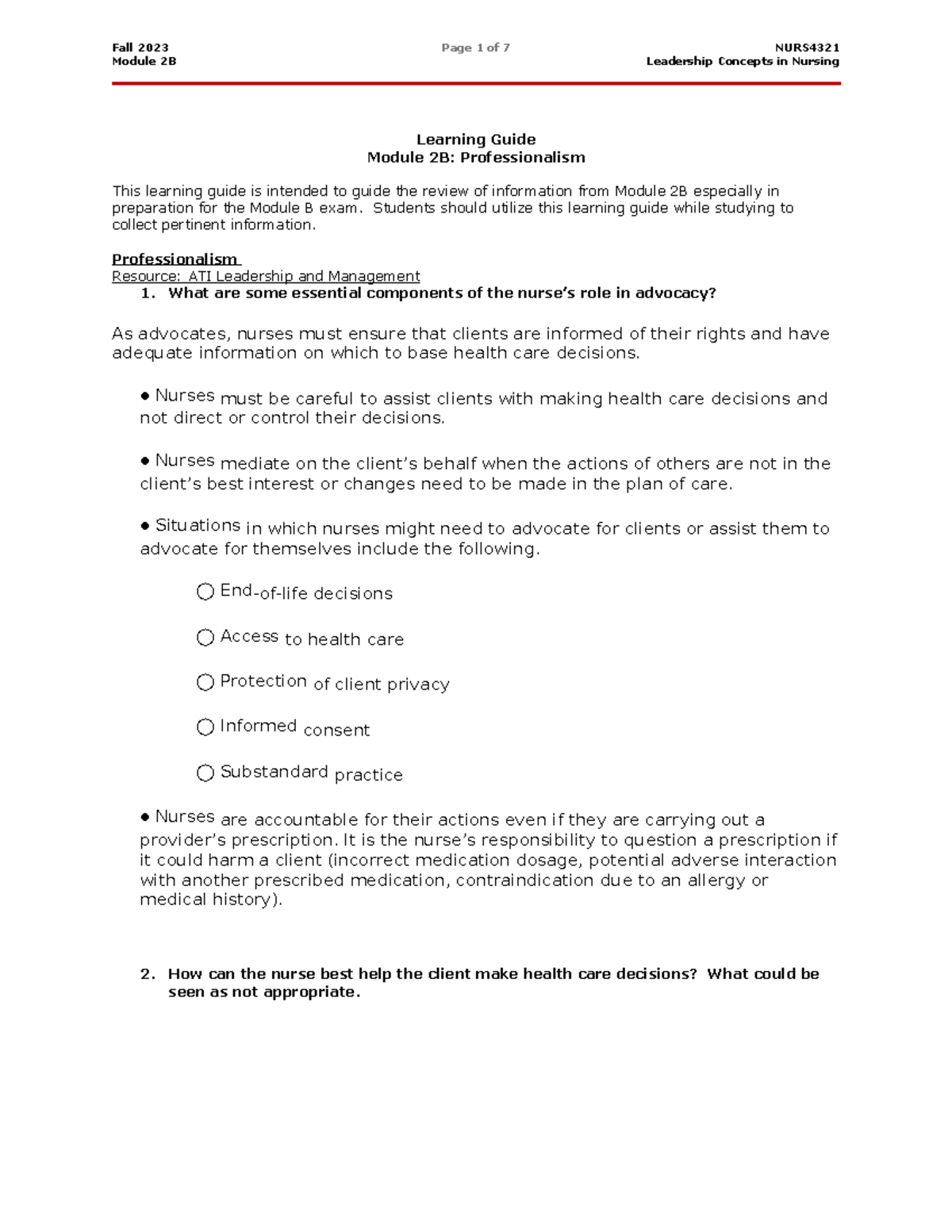 Module 2B Leadership Guide - Module 2B Leadership Concepts in Nursing ...