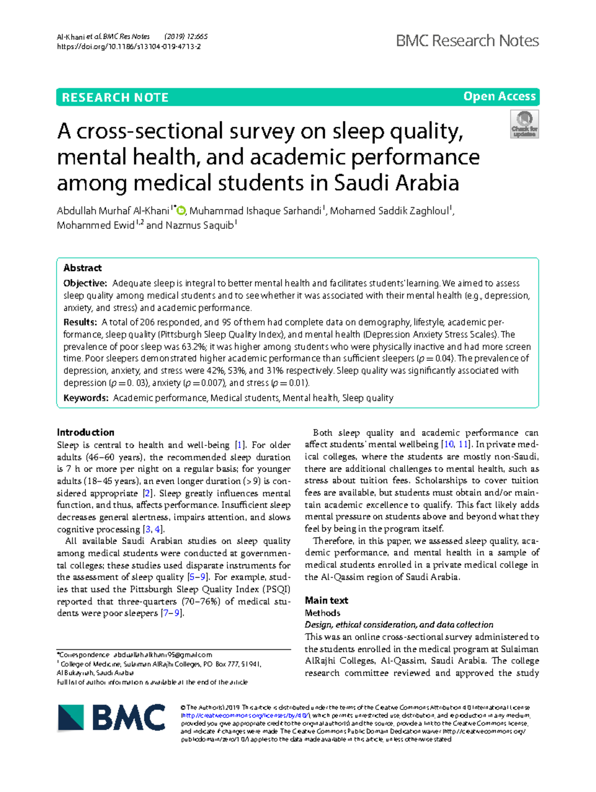 Al-Khani, 2019 - RRL - Al‑Khani et al. BMC Res Notes (2019) 12: doi/10. ...