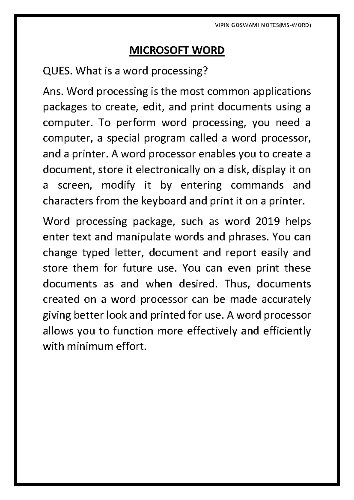 Ms word introduction - VIPIN GOSWAMI NOTES(MS-WORD) MICROSOFT WORD QUES ...