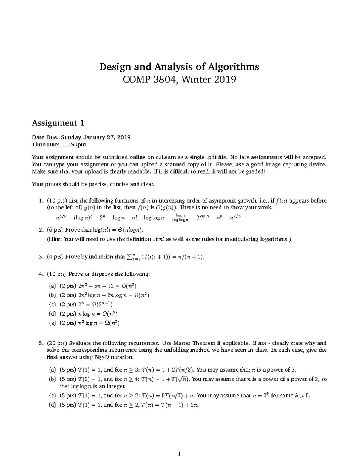 A1 W19 COMP3804 - Design and Analysis of Algorithms COMP 3804, Winter ...