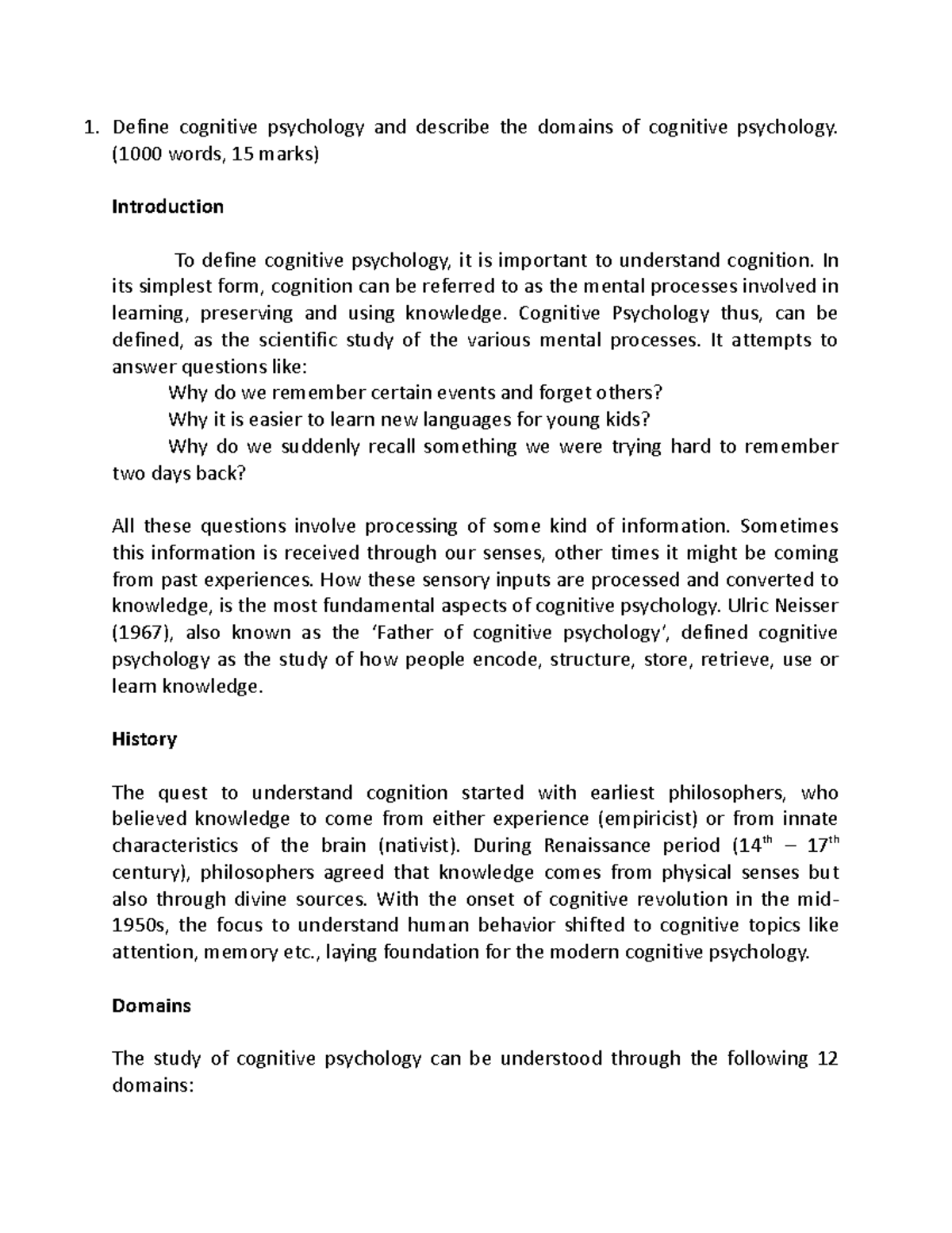 MPC001 - Assignment for - Define cognitive psychology and describe the ...