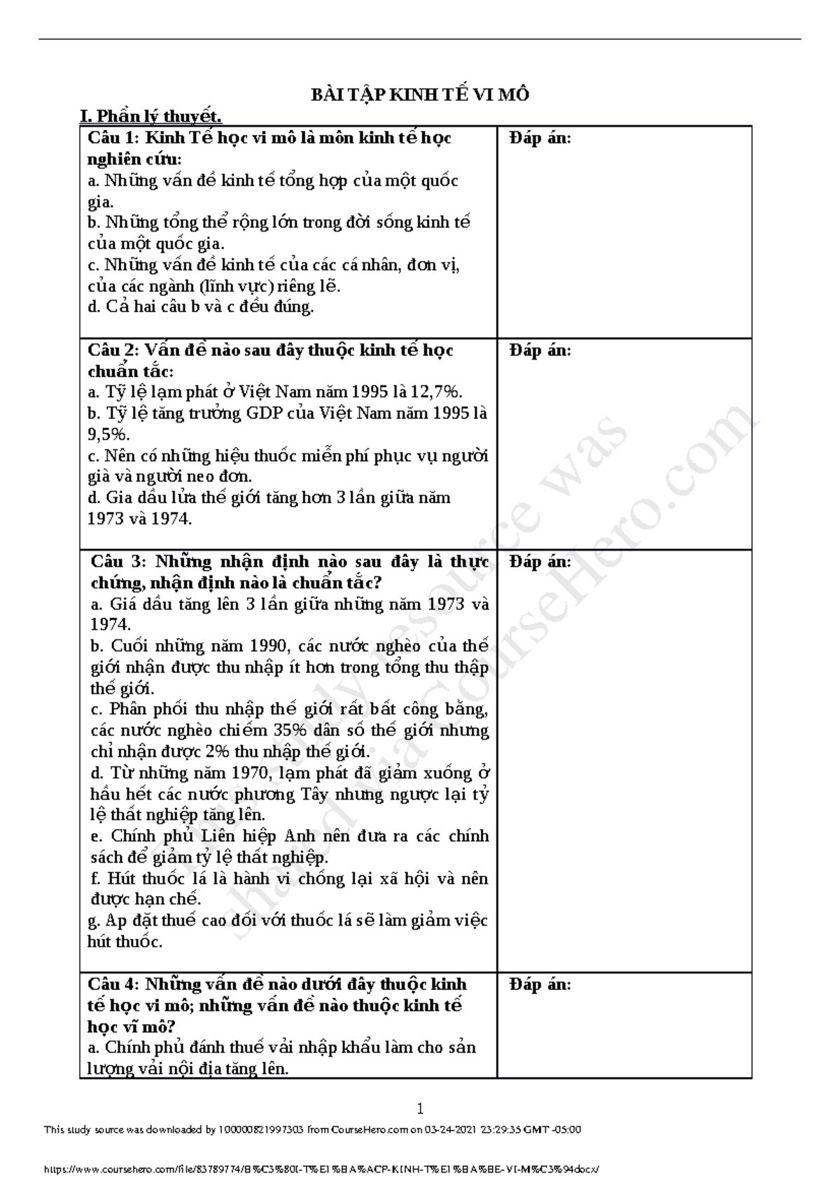 B I T P KINH T VI M - this is - BÀI T P KINH T VI MÔẬ Ế I. Ph n lý thuy t.ầ ế Câu 1: Kinh T h c ...