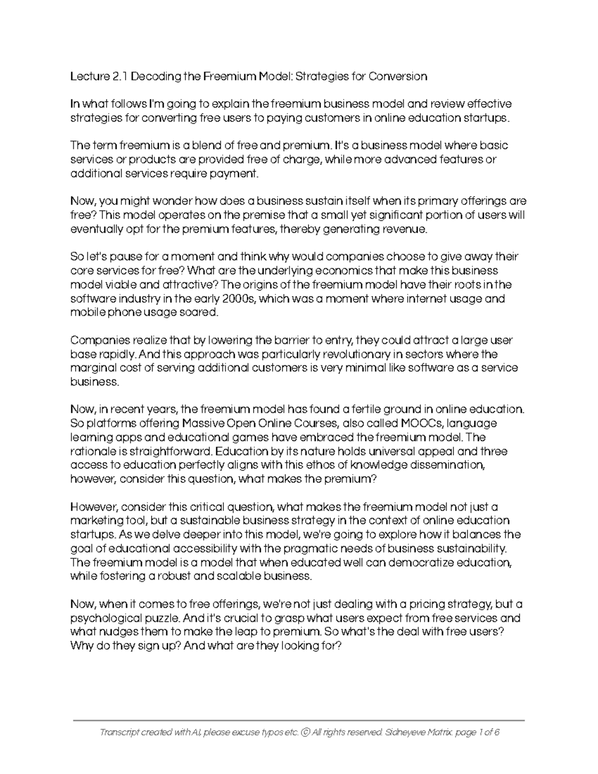 2.1 Transcript - Lecture 2 Decoding the Freemium Model: Strategies for ...