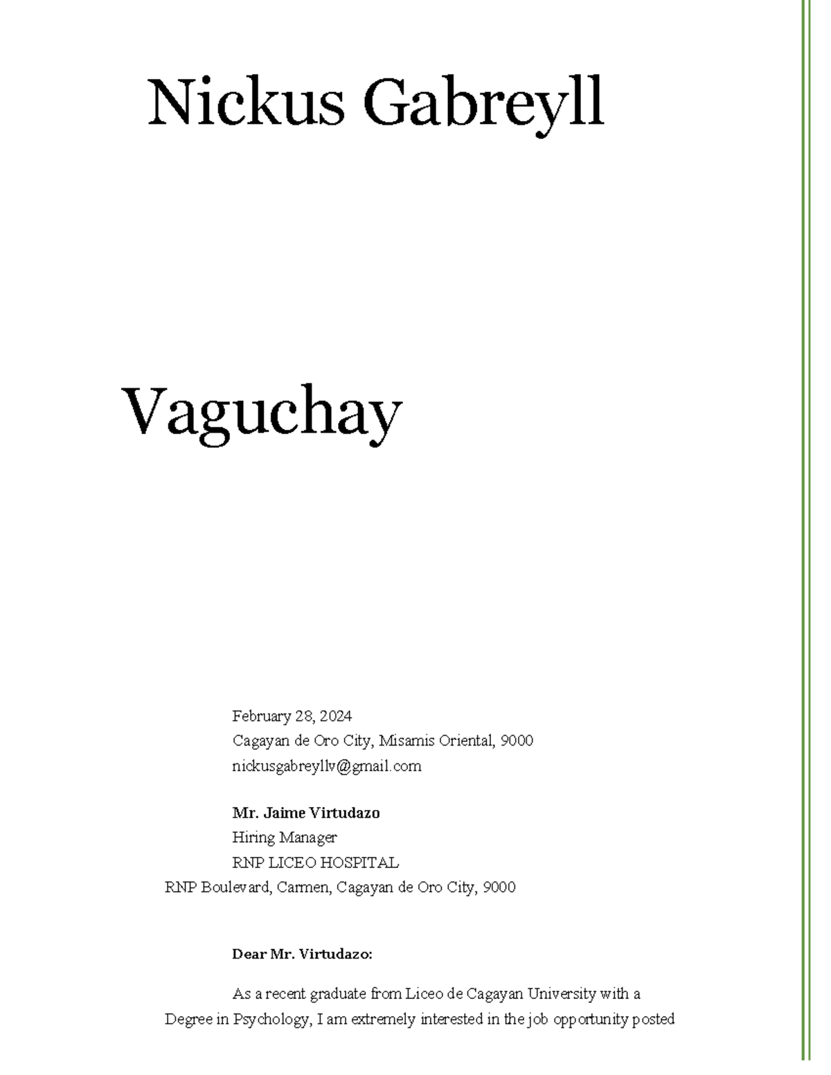 Nickus-Cover-Letter - Summary Fundamentals of Nursing - Nickus Gabreyll ...