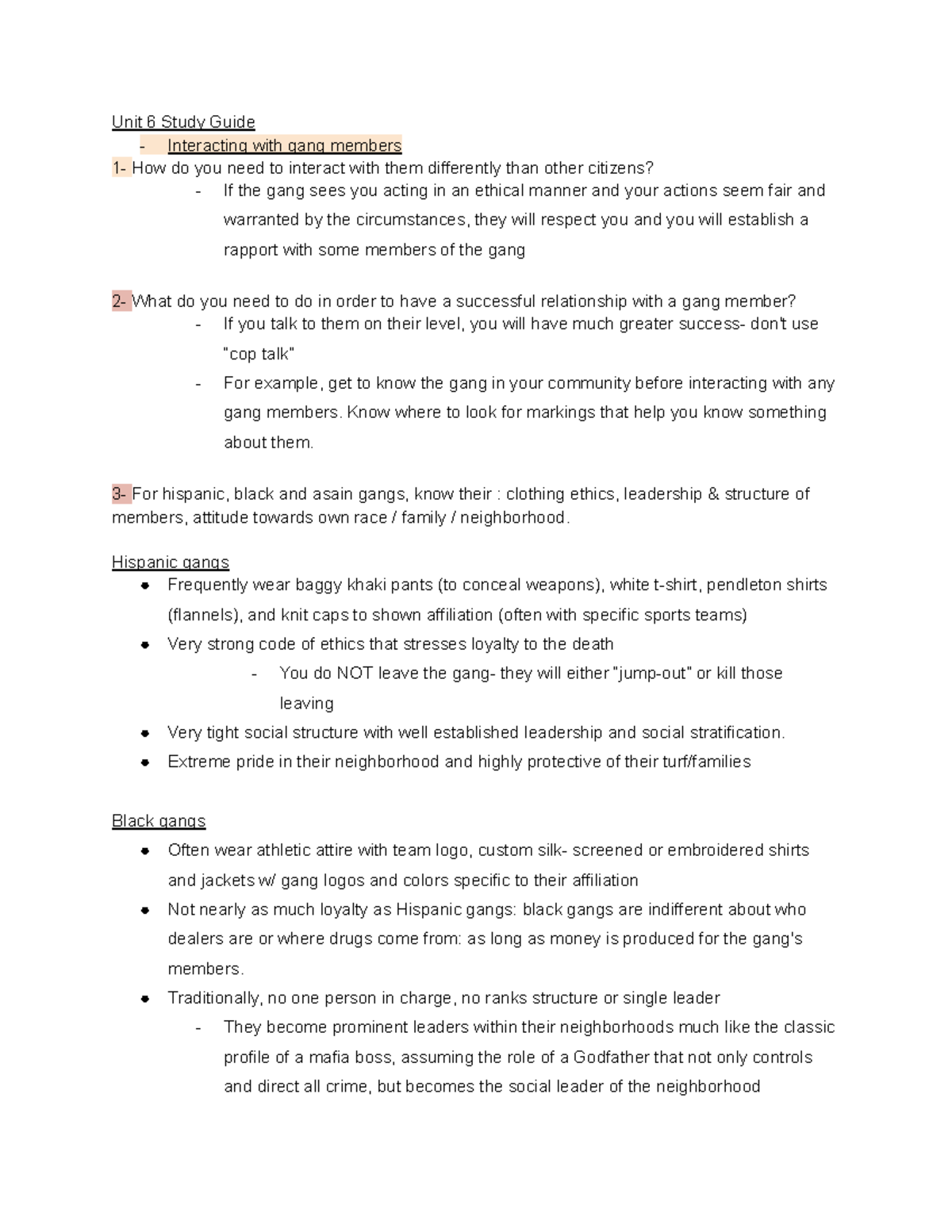 Unit 6 Study Guide - Unit 6 Study Guide - Interacting with gang members ...