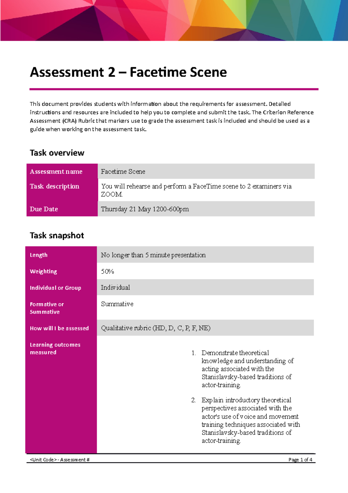 Assessment 2- Face Time Scene TASK Sheet and Criteria FOR ...