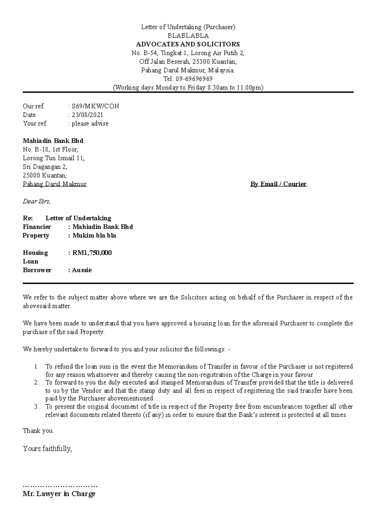 Letter Of Undertaking Purchaser For Question 1 As Well As The