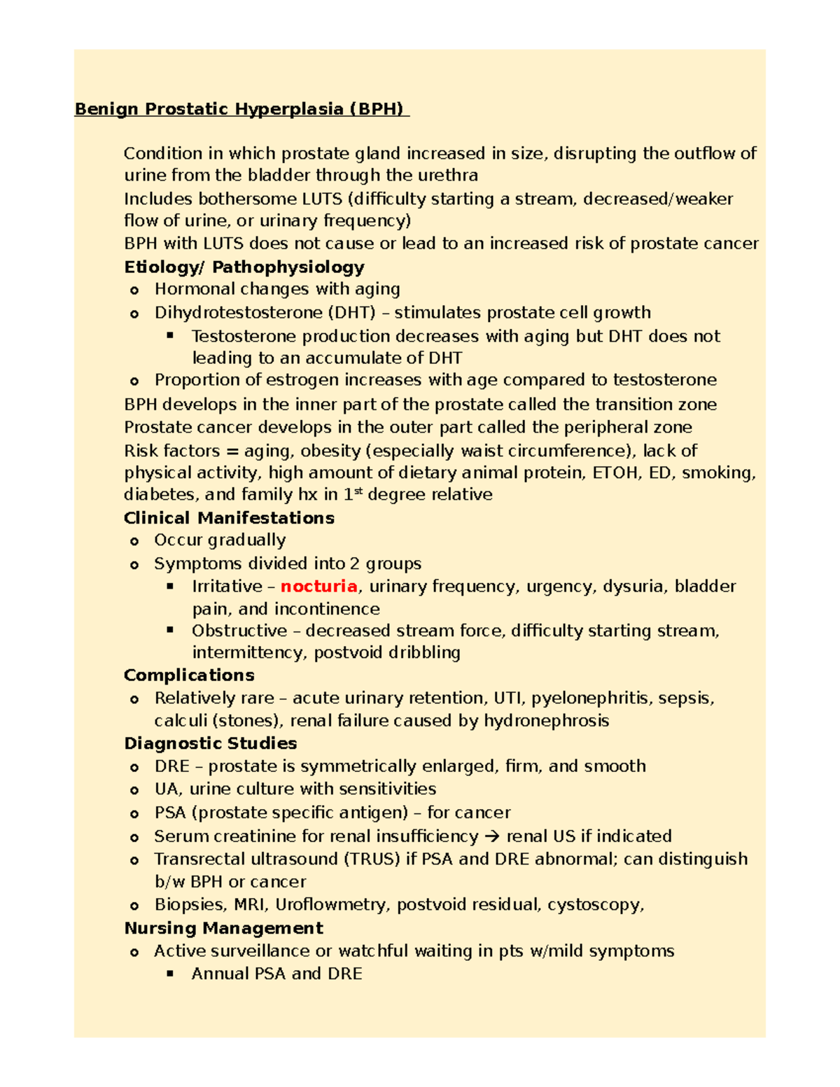 Ch - Lewis Chapter notes - Benign Prostatic Hyperplasia (BPH) Condition ...