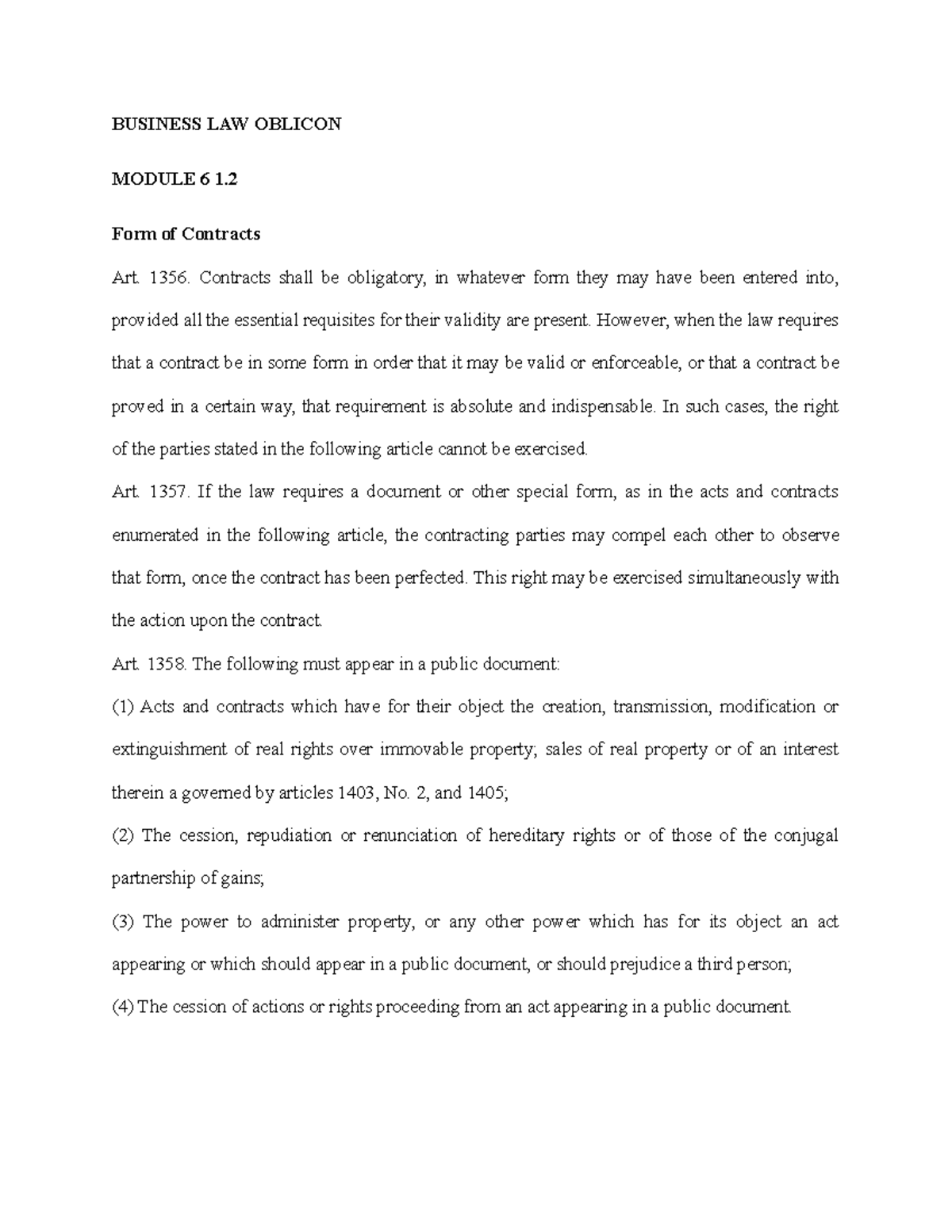 Business LAW Oblicon M612 - BUSINESS LAW OBLICON MODULE 6 1. Form of Contracts Art. 1356 ...