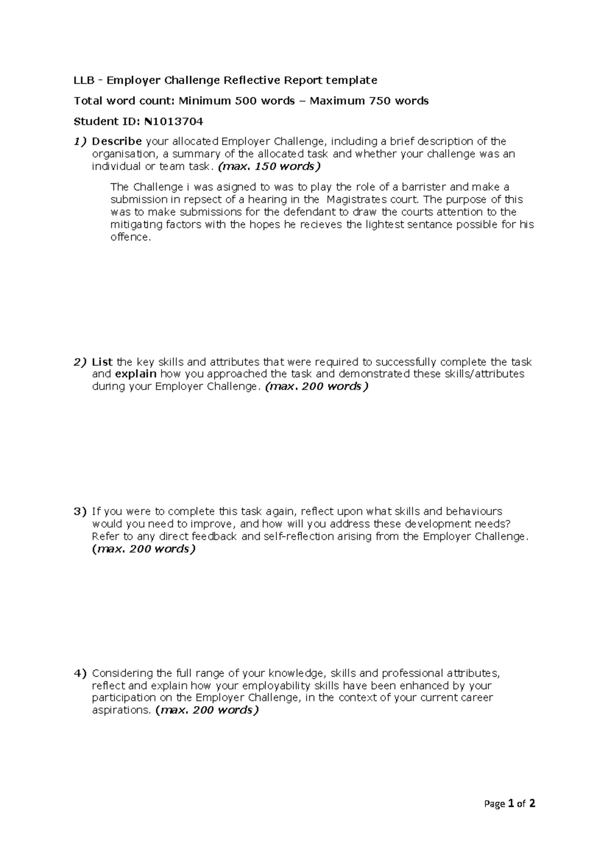 Reflective Report Template - LLB - Employer Challenge Reflective Report ...