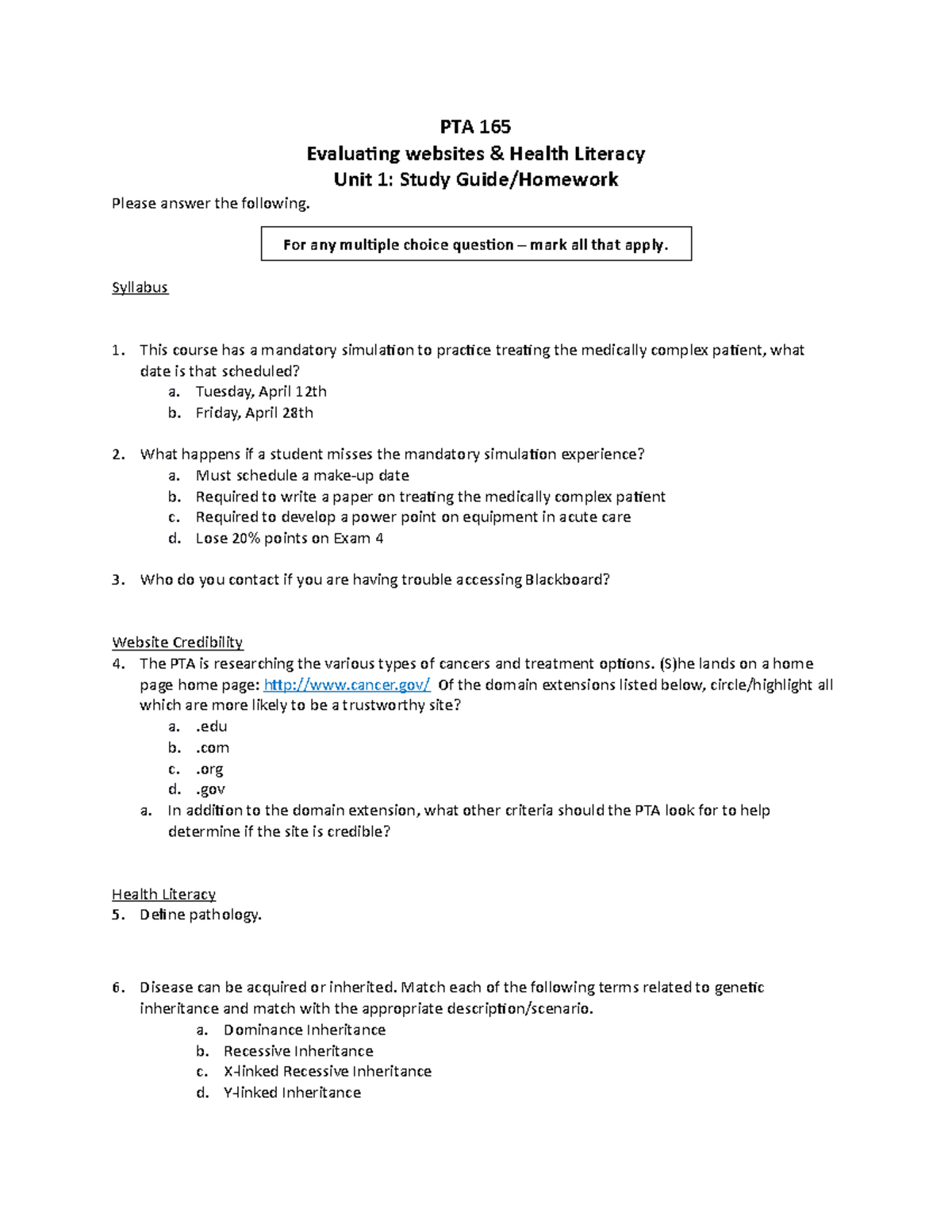 Unit 1 Path 1 Homework no answers 23 - PTA 165 Evaluating websites ...