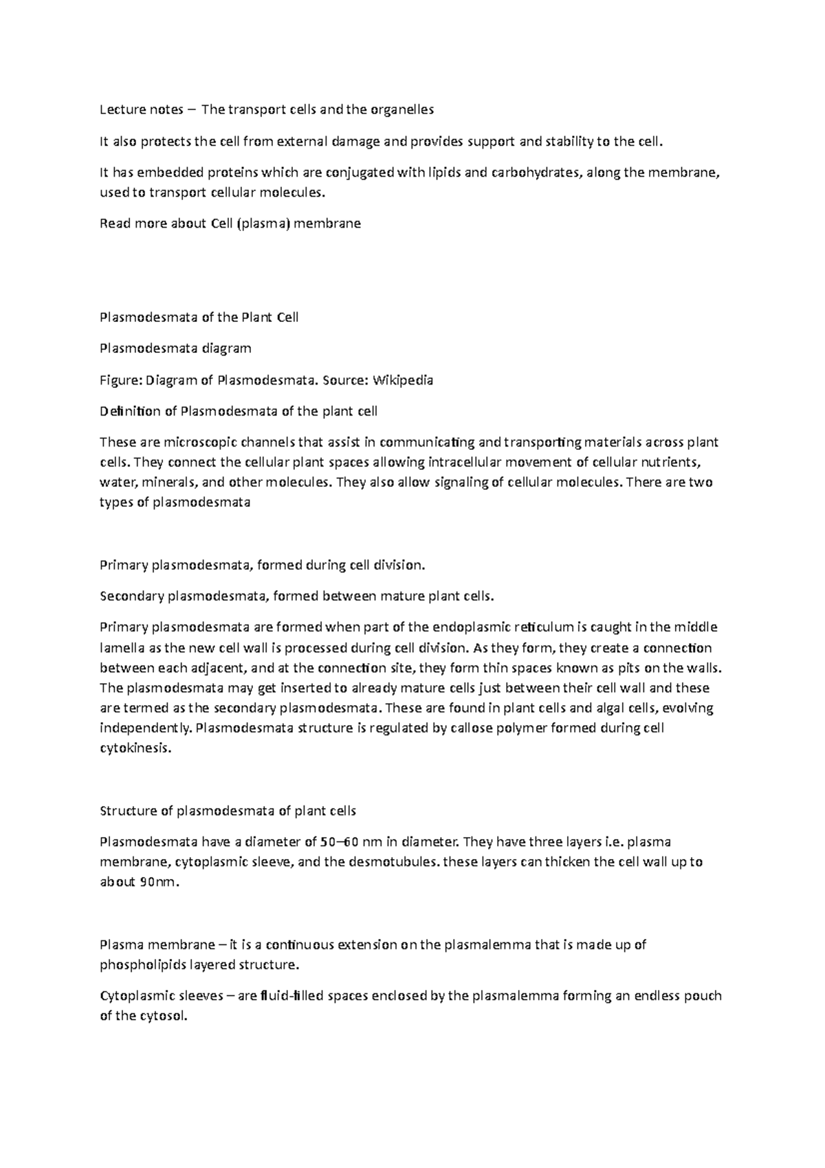 Lecture notes – The transport cells and the organelles - Lecture notes ...