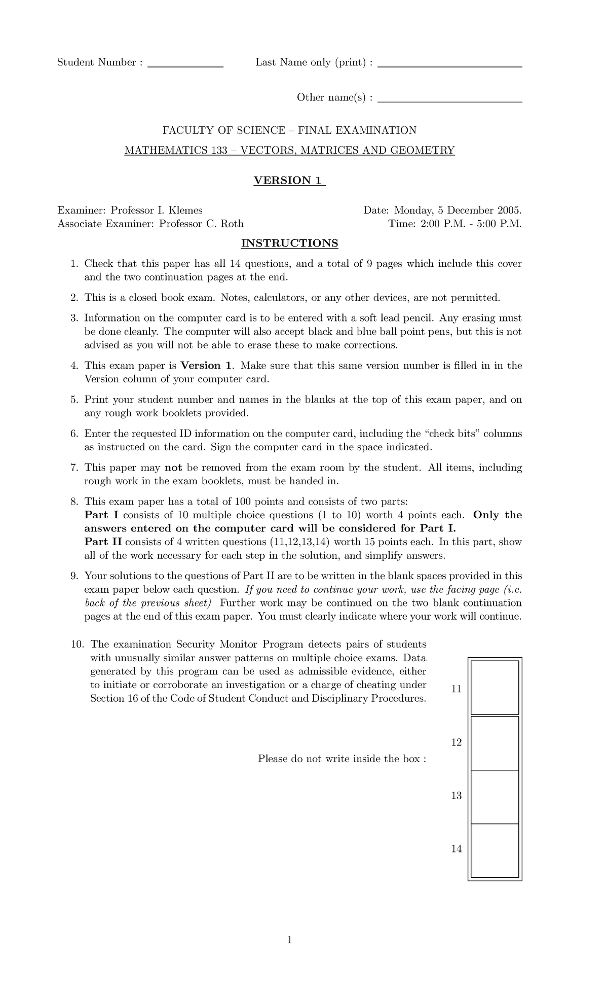 133-december 05 - VER1 - Student Number : Last Name only (print ...