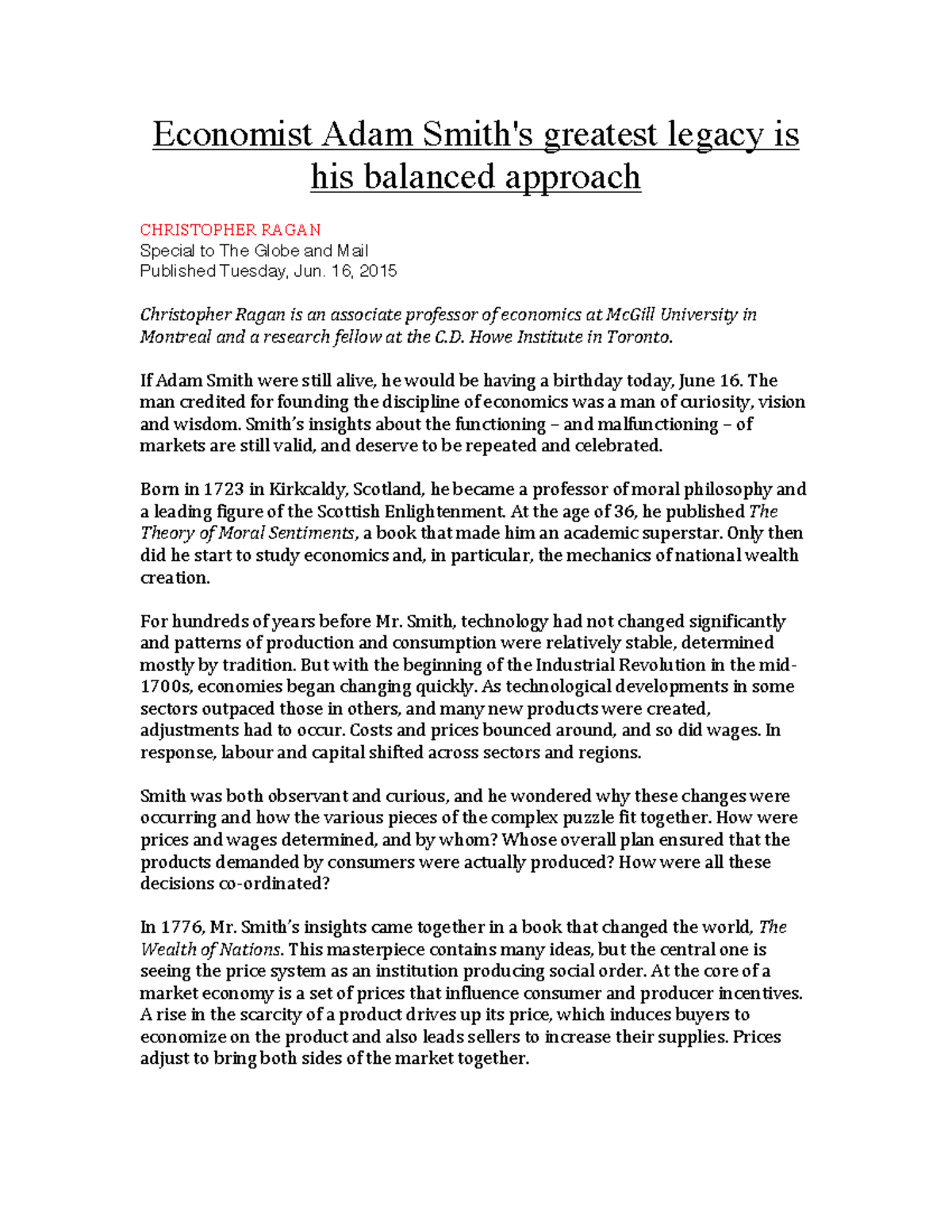 Adam Smith Ragan GM June 2015 - Economist Adam Smith's greatest legacy ...