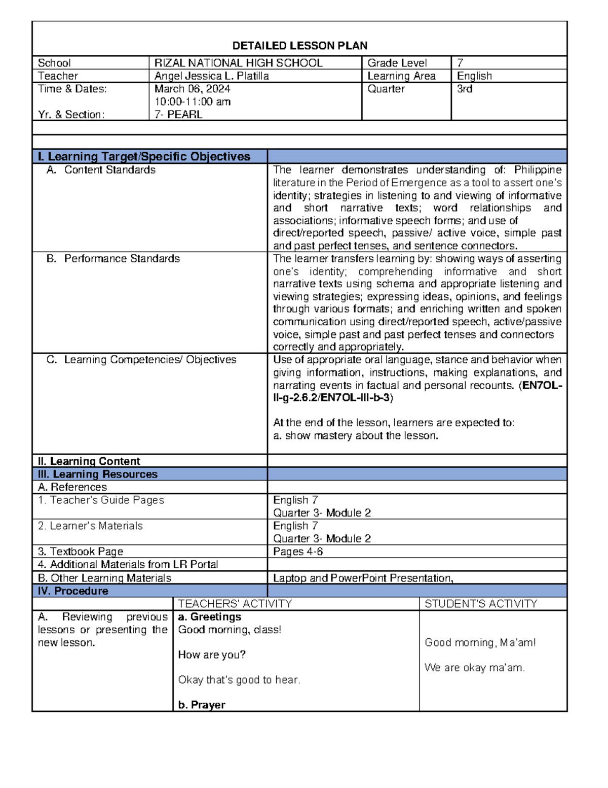 DLP Summative Culture ETC - DETAILED LESSON PLAN School RIZAL NATIONAL ...