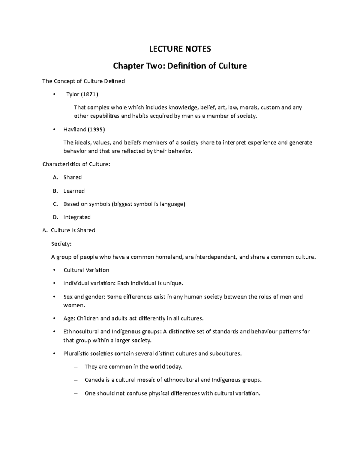 Anth 11013 C2 Holdsworth Lecture Notes 2 Lecture Notes Chapter Two Definition Of Culture The