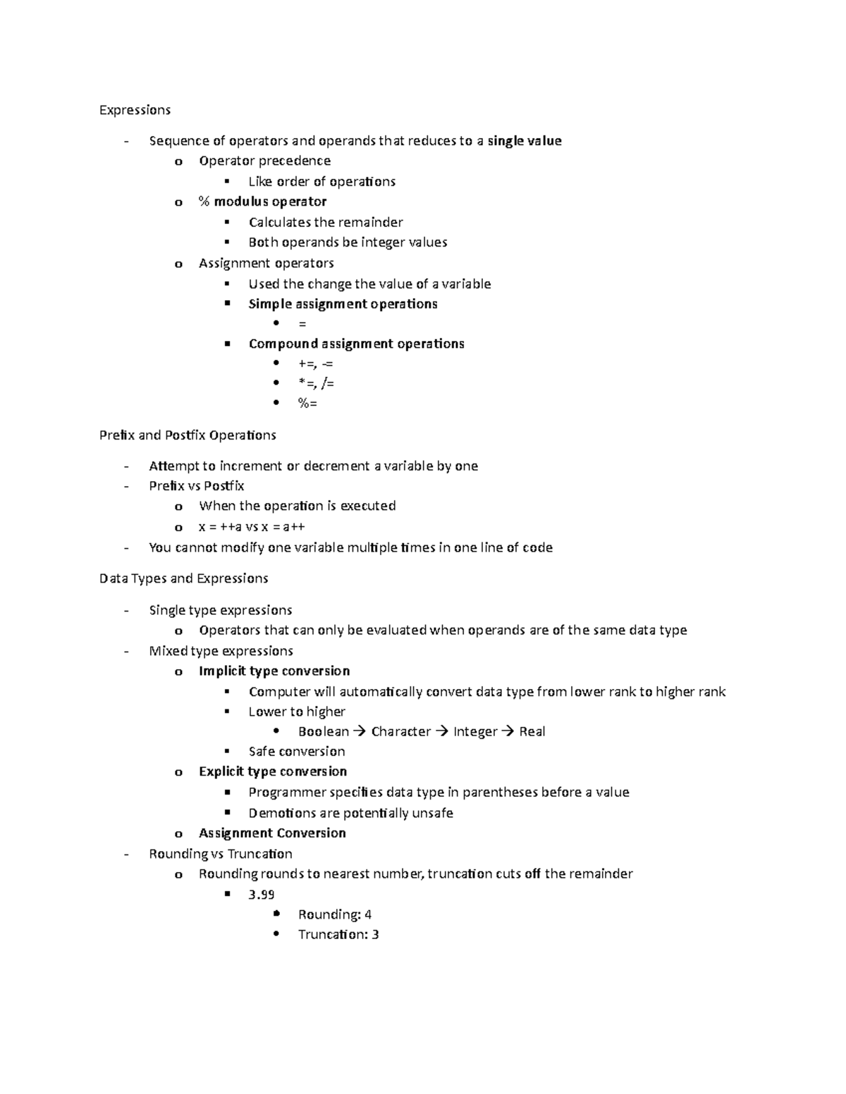 CS159 Ch3 Notes - Expressions - Sequence of operators and operands that ...
