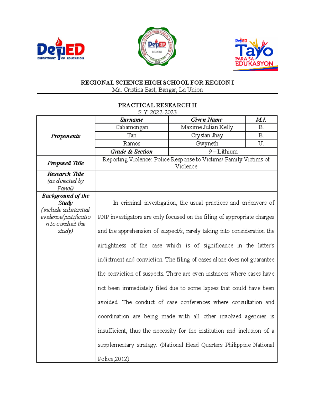 Proposal Format - REGIONAL SCIENCE HIGH SCHOOL FOR REGION I Ma ...