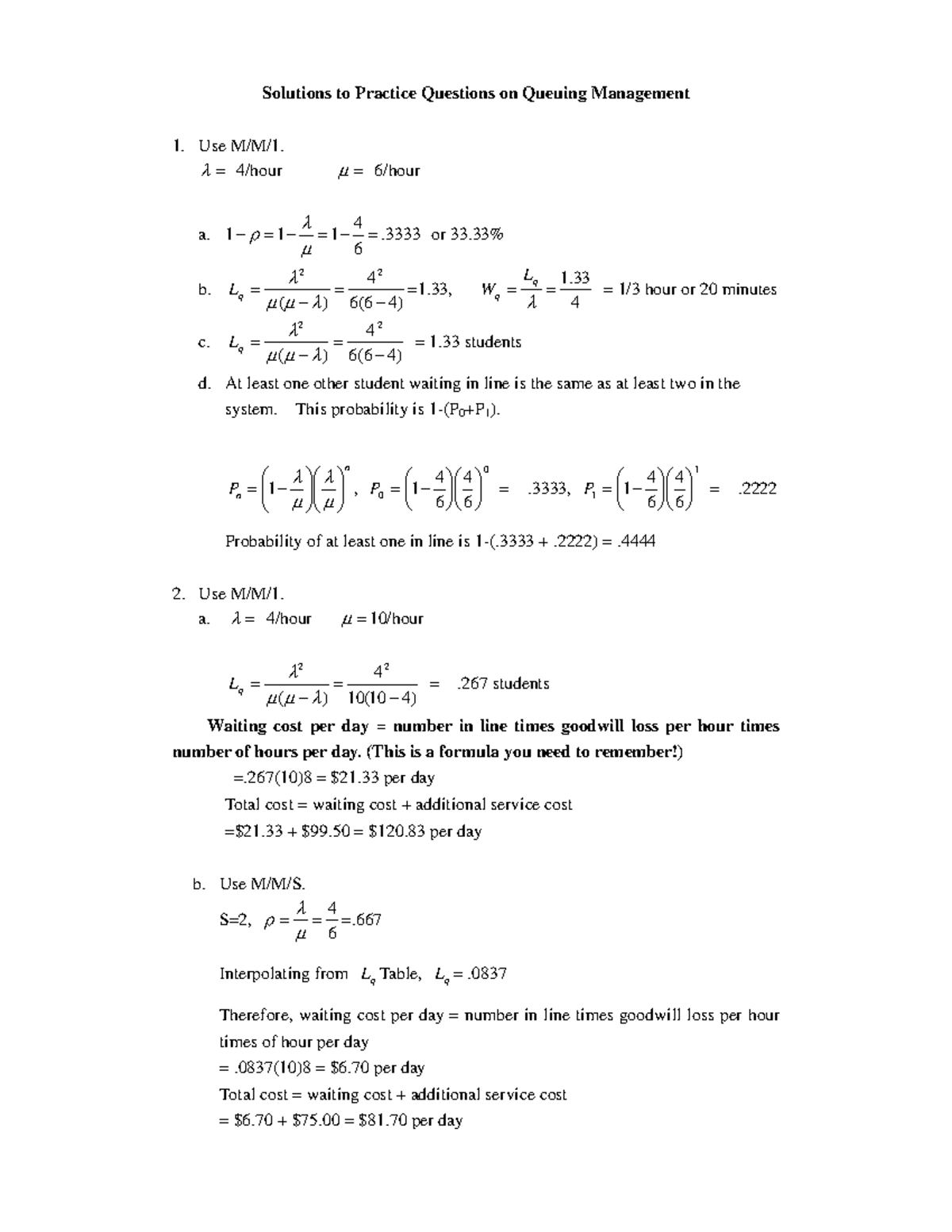 Practice Problems Queuing Management Solution - Solutions to Practice Questions on Queuing - Studocu