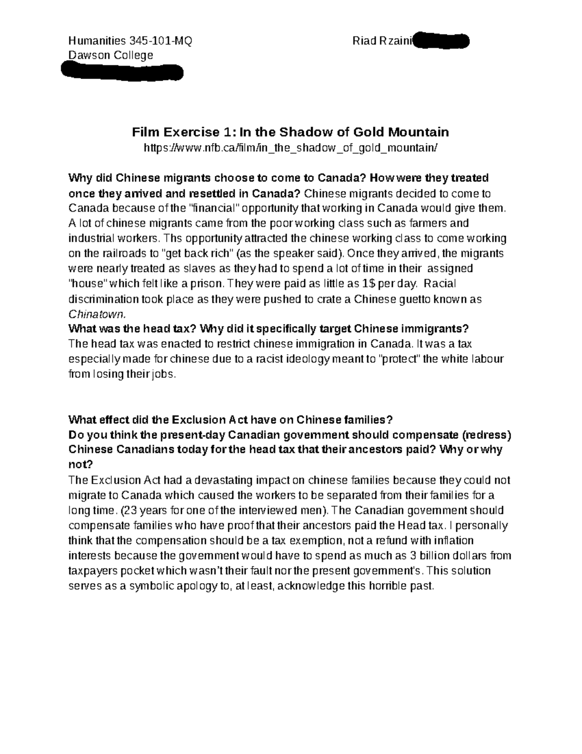 Film Exercise 1: In the Shadow of Gold Mountain - Humanities 345-101-MQ ...