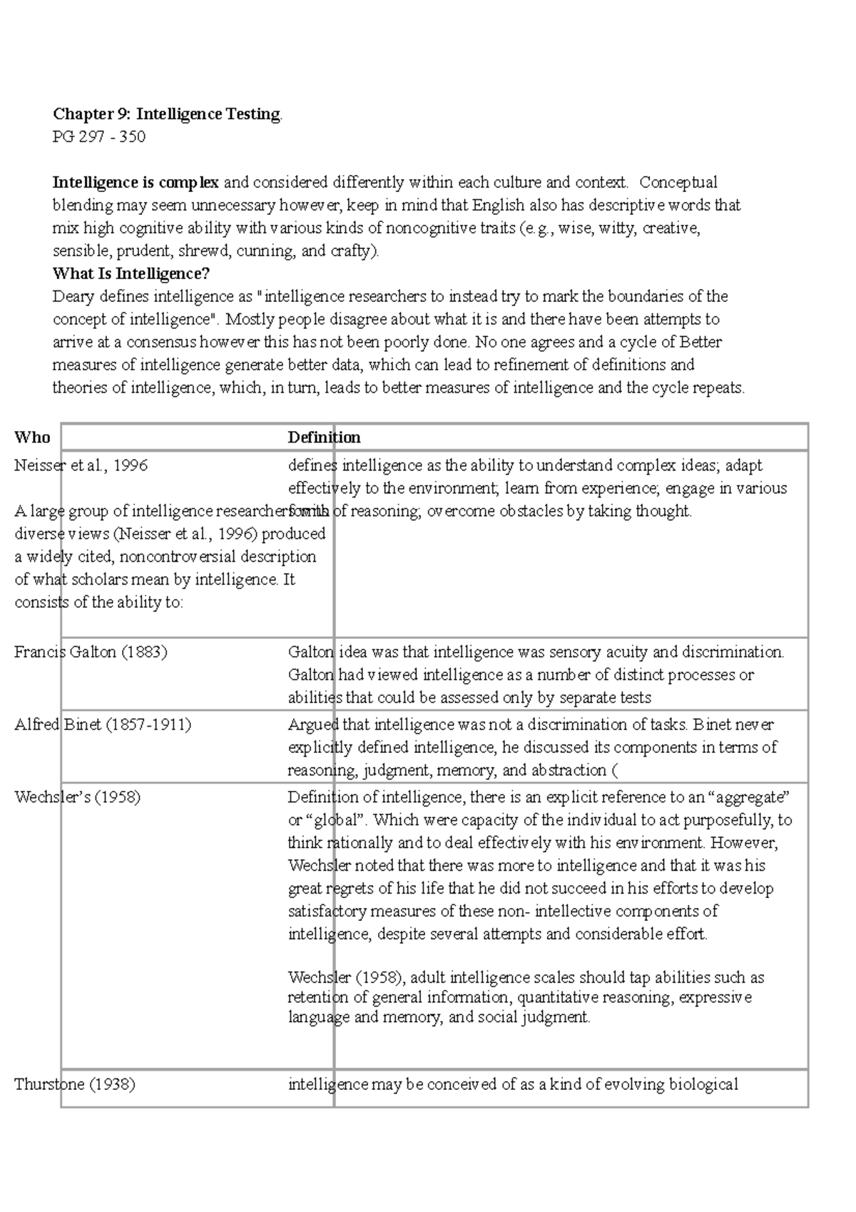 Chapter 9 pt summary - Chapter 9: Intelligence Testing. PG 297 - 350 ...