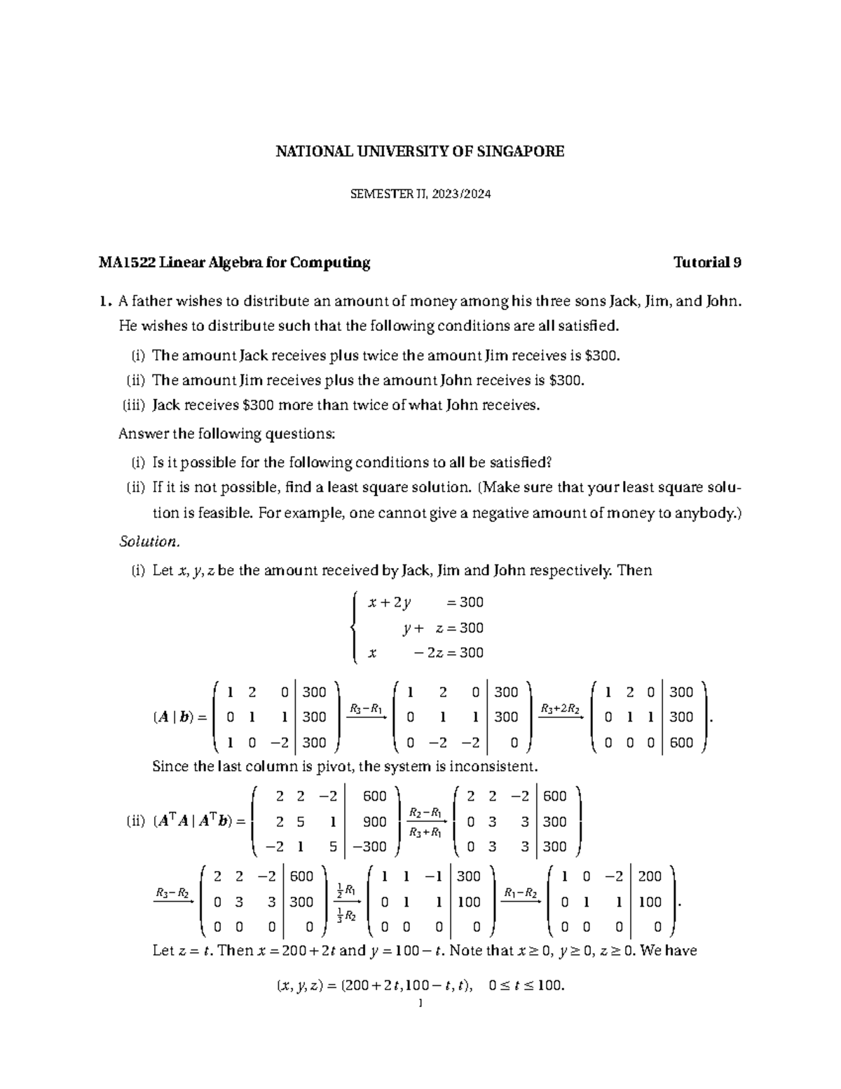 Tut9s - Tutorial 9 - NATIONAL UNIVERSITY OF SINGAPORE SEMESTER II, 2023/ MA1522 Linear Algebra ...