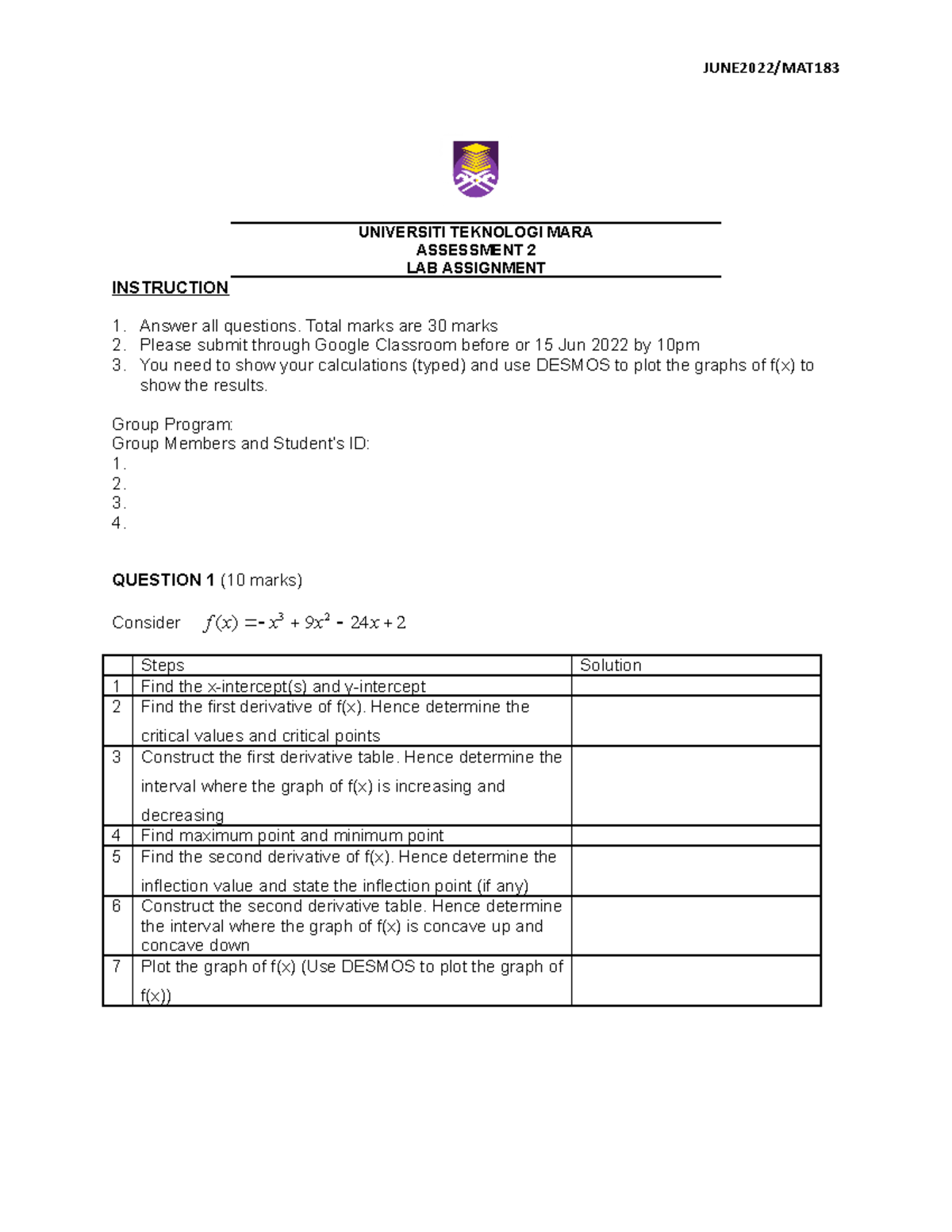 Assessment 2 MAT183 JUN 2022 LAB Report - JUNE2022/MAT INSTRUCTION ...