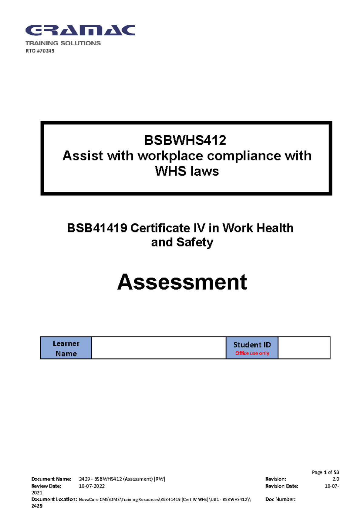 Bsbwhs 412Assessment RW-V2.0 - BSBWHS Assist with workplace compliance ...