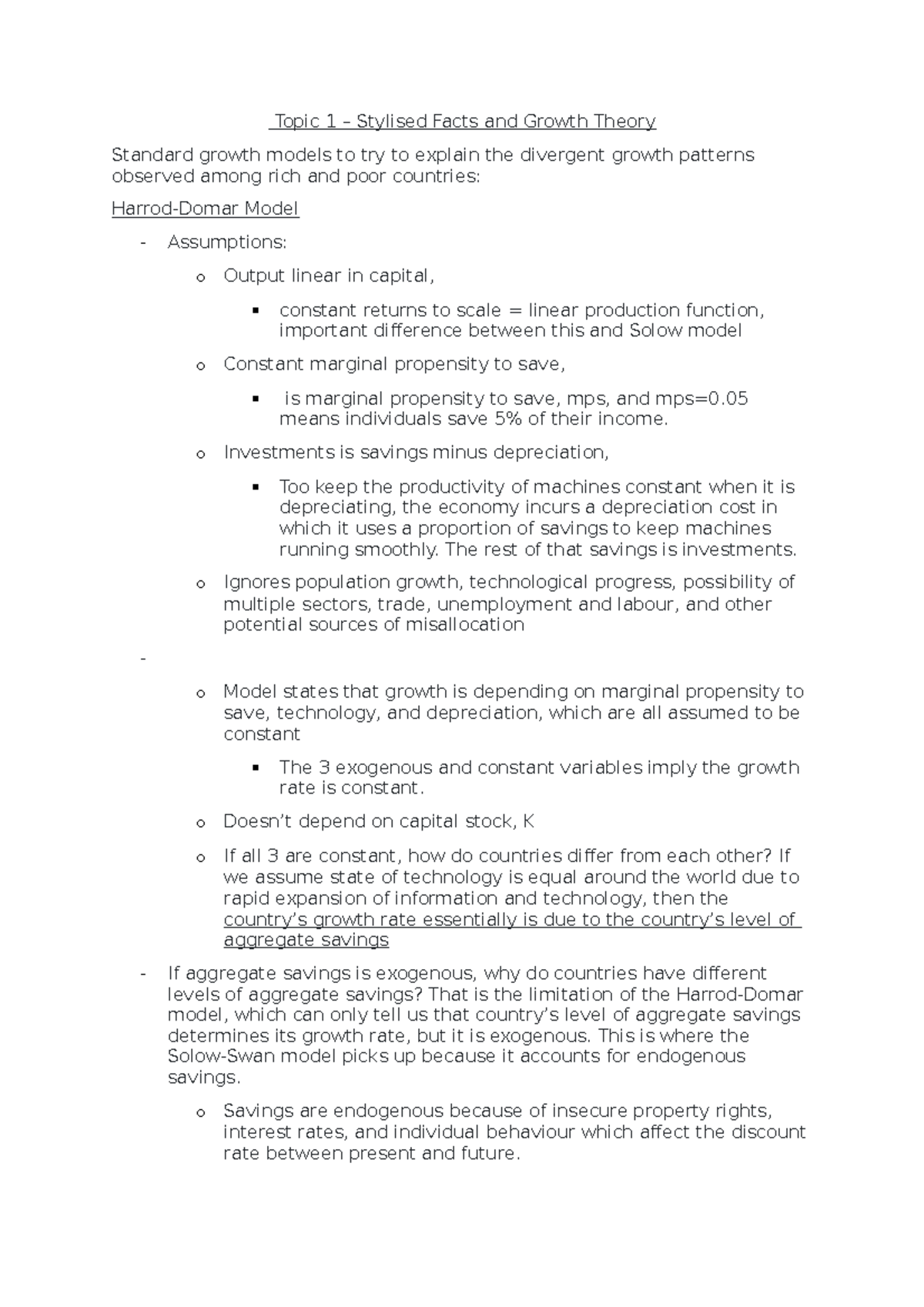 EC310 - Topic 1 – Stylised Facts and Growth Theory Standard growth ...