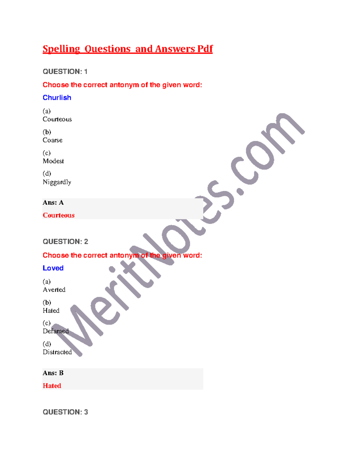 Spelling questions and answers - Studocu