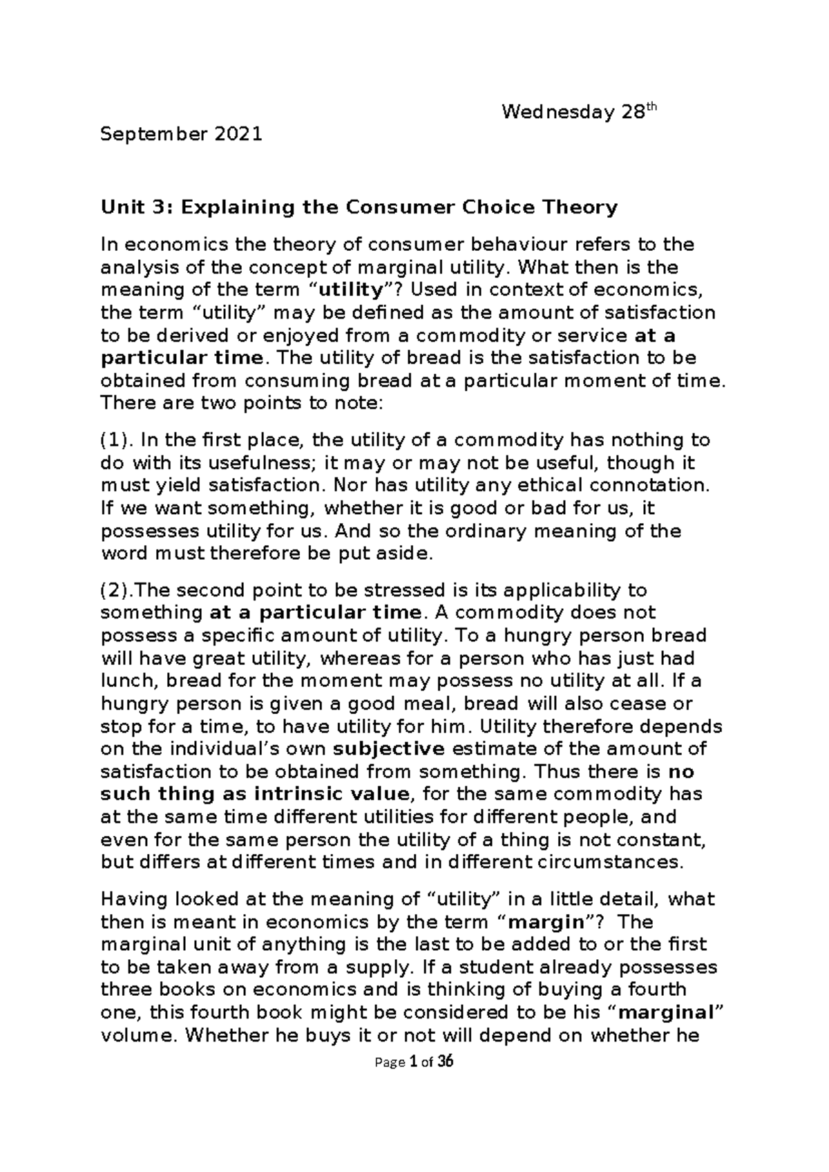 Unit 3- Explaining the Consumer Choice Theory - Wednesday 28th ...