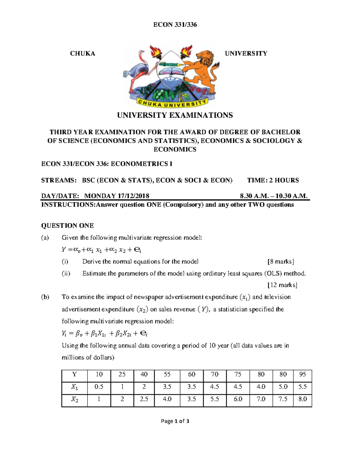 ECON 331 - ECON 331/ Page 1 of 3 CHUKA UNIVERSITY UNIVERSITY ...