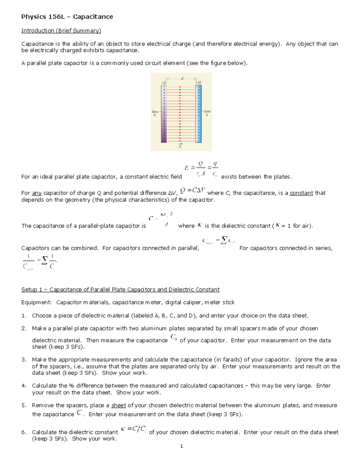 P106L capacitance - Lab instruction - Physics 156L – Capacitance ...