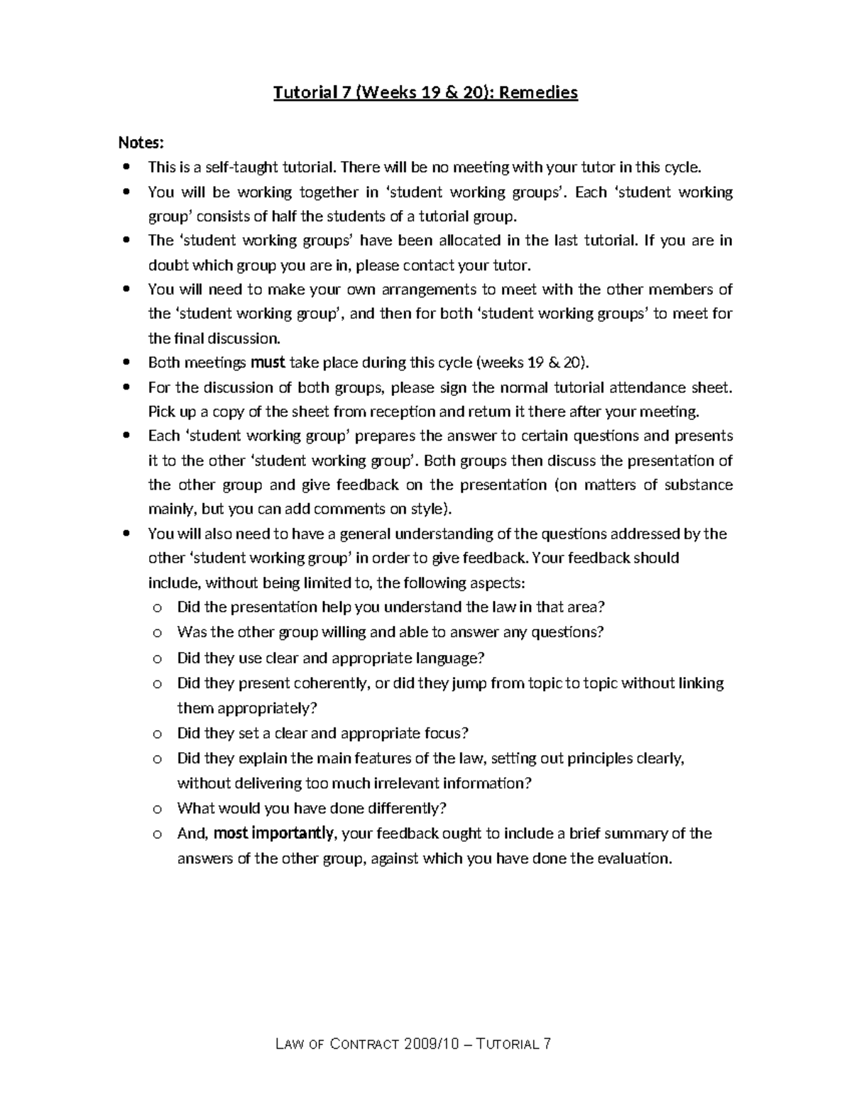 Contract Law Tutorial 7: Remedies Group Work (Weeks 19 & 20) - Tutorial ...