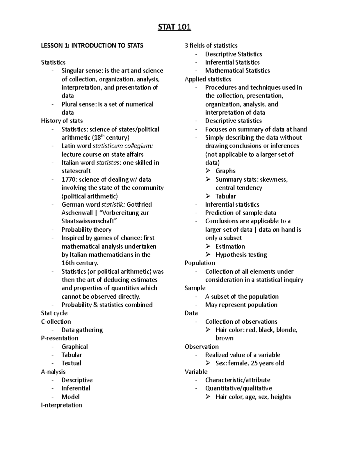 Compilation of Notes - LESSON 1: INTRODUCTION TO STATS Statistics ...