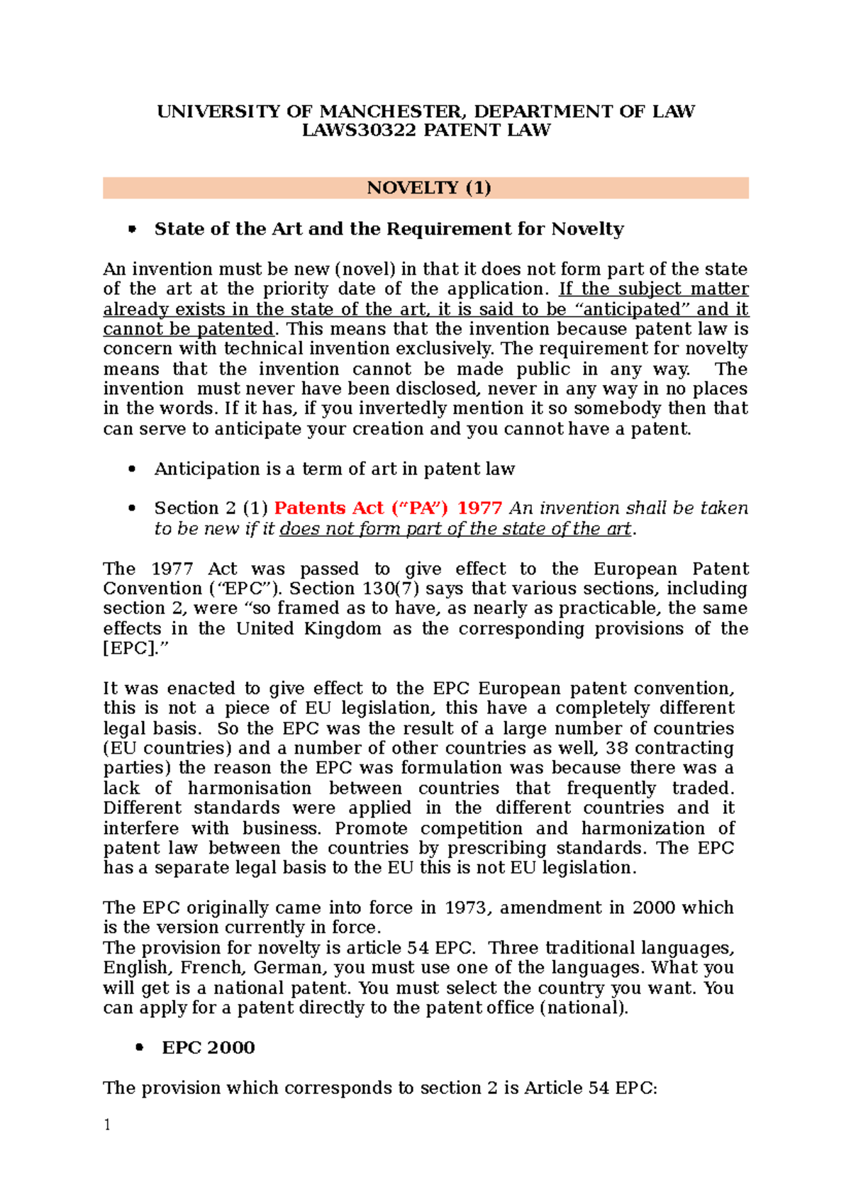Novelty notes 1 - UNIVERSITY OF MANCHESTER, DEPARTMENT OF LAW LAWS30322 ...